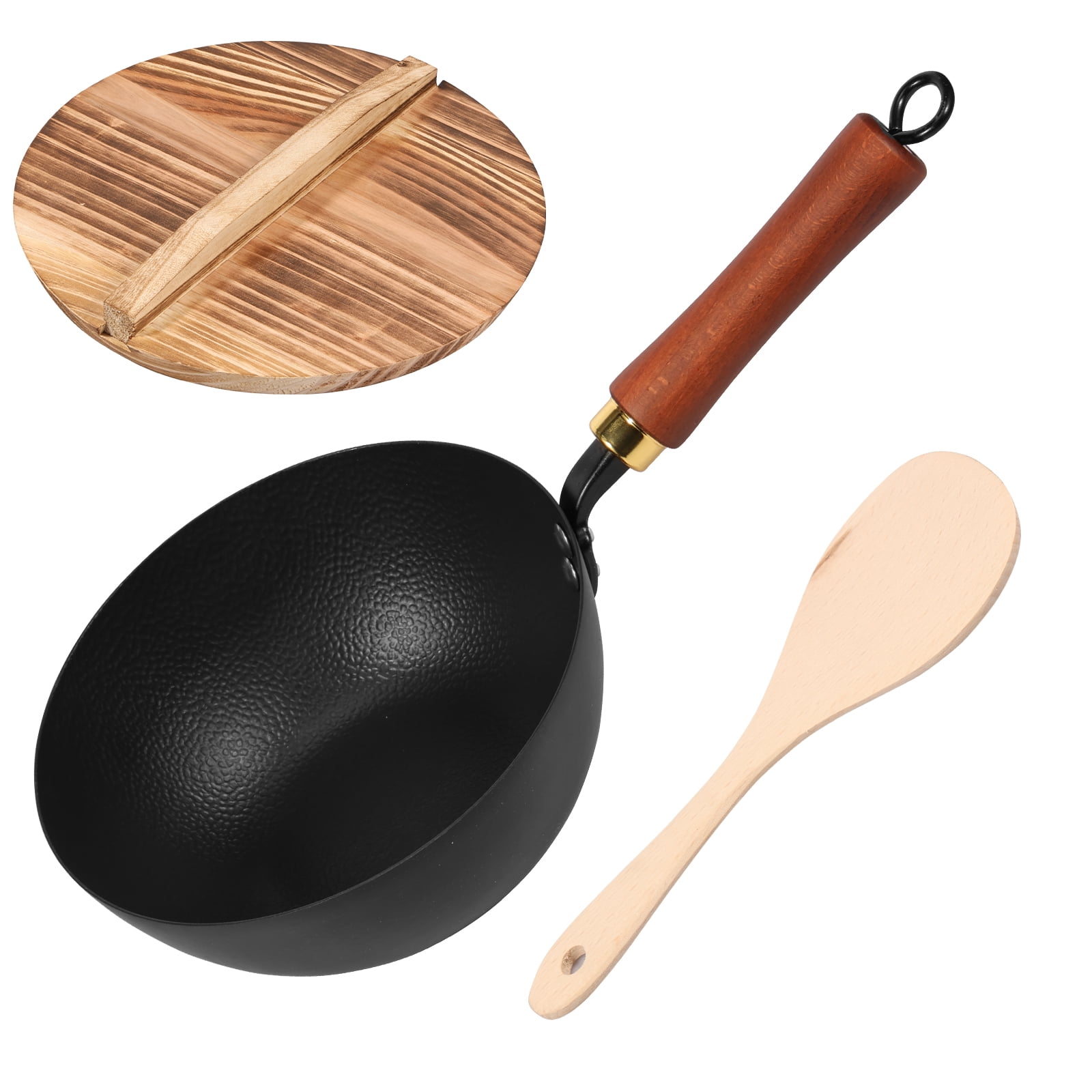 Hand Forged Iron Wok with Wood Lid and Wood Spatula Non Coated Stir Fry ...