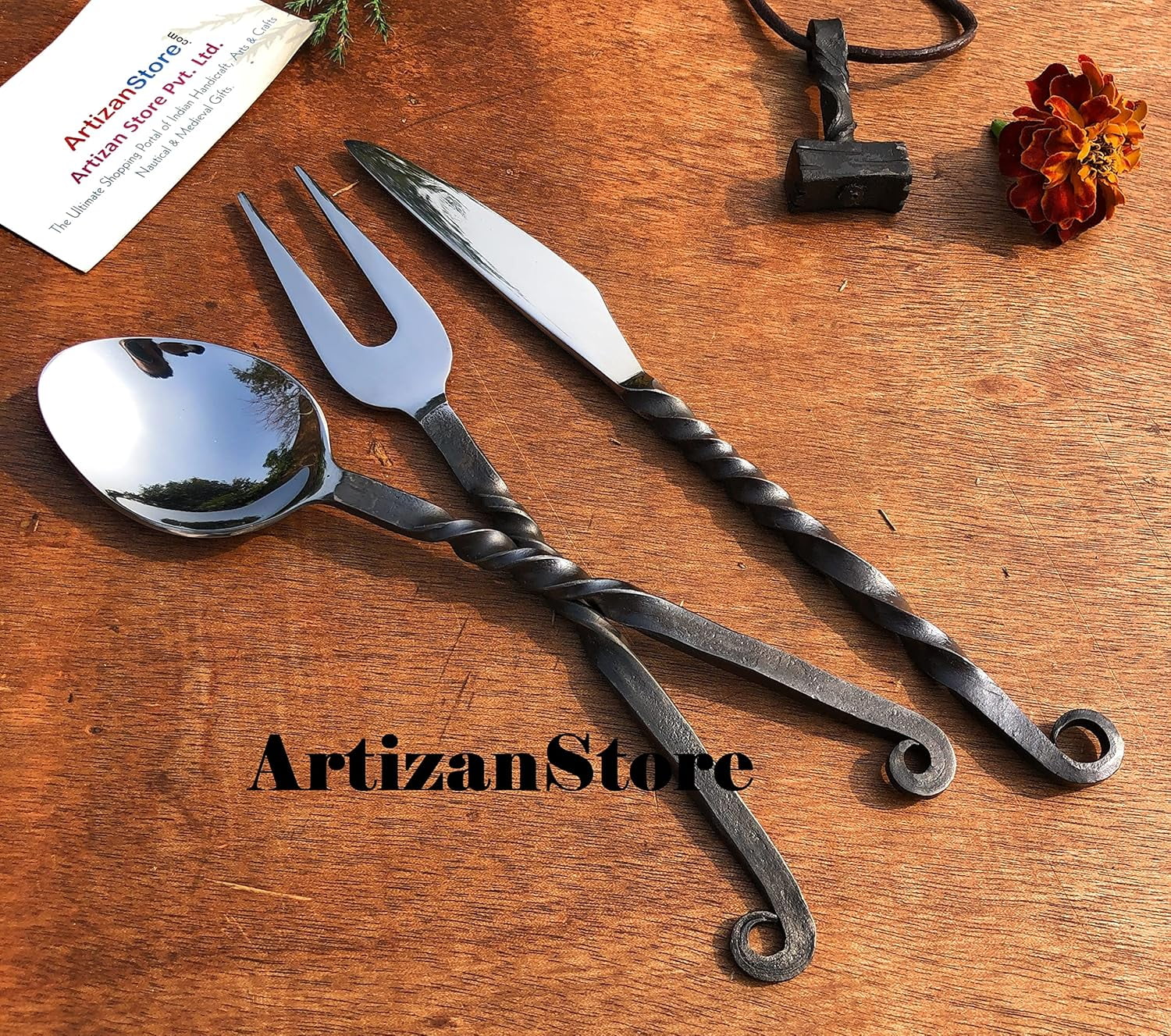 Hand Forged Medieval Iron Eating Cutlery Set with Leather Belt Pouch ...