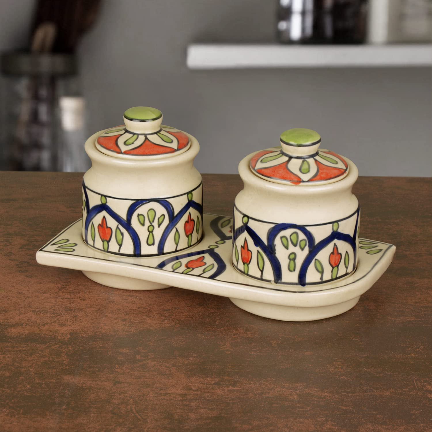 Hand Glazed Ceramic Pickle Serving Jar Set With Tray Set Of 2 ...
