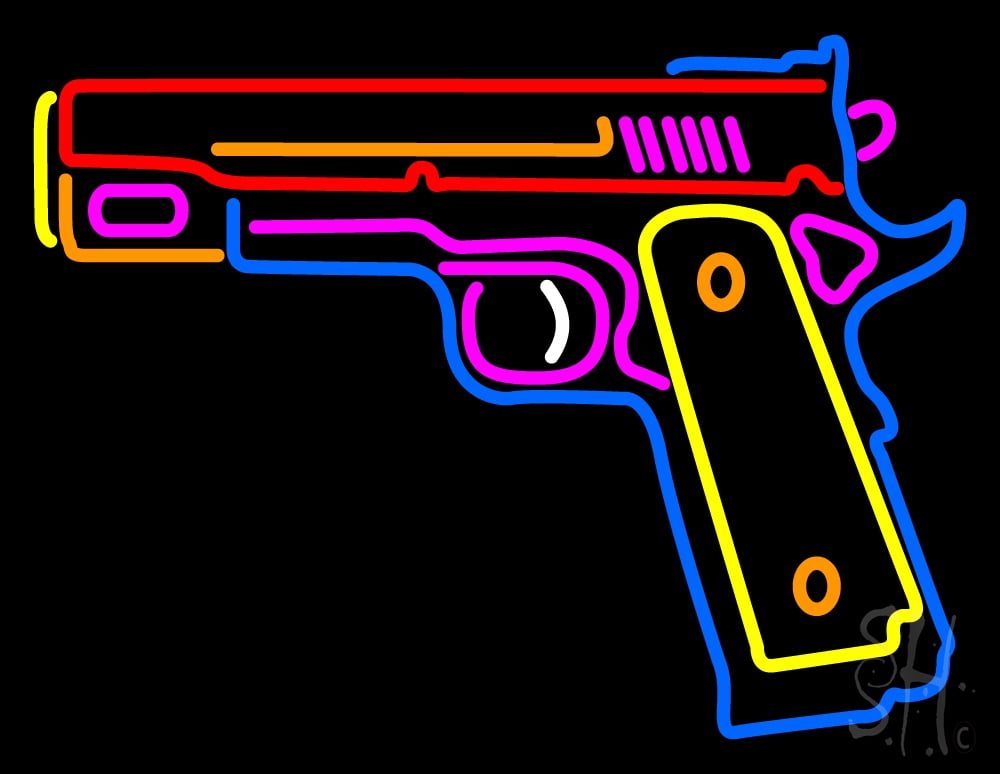 Hand Gun LED Neon Sign 24 x 31 - inches, Black Square Cut Acrylic ...