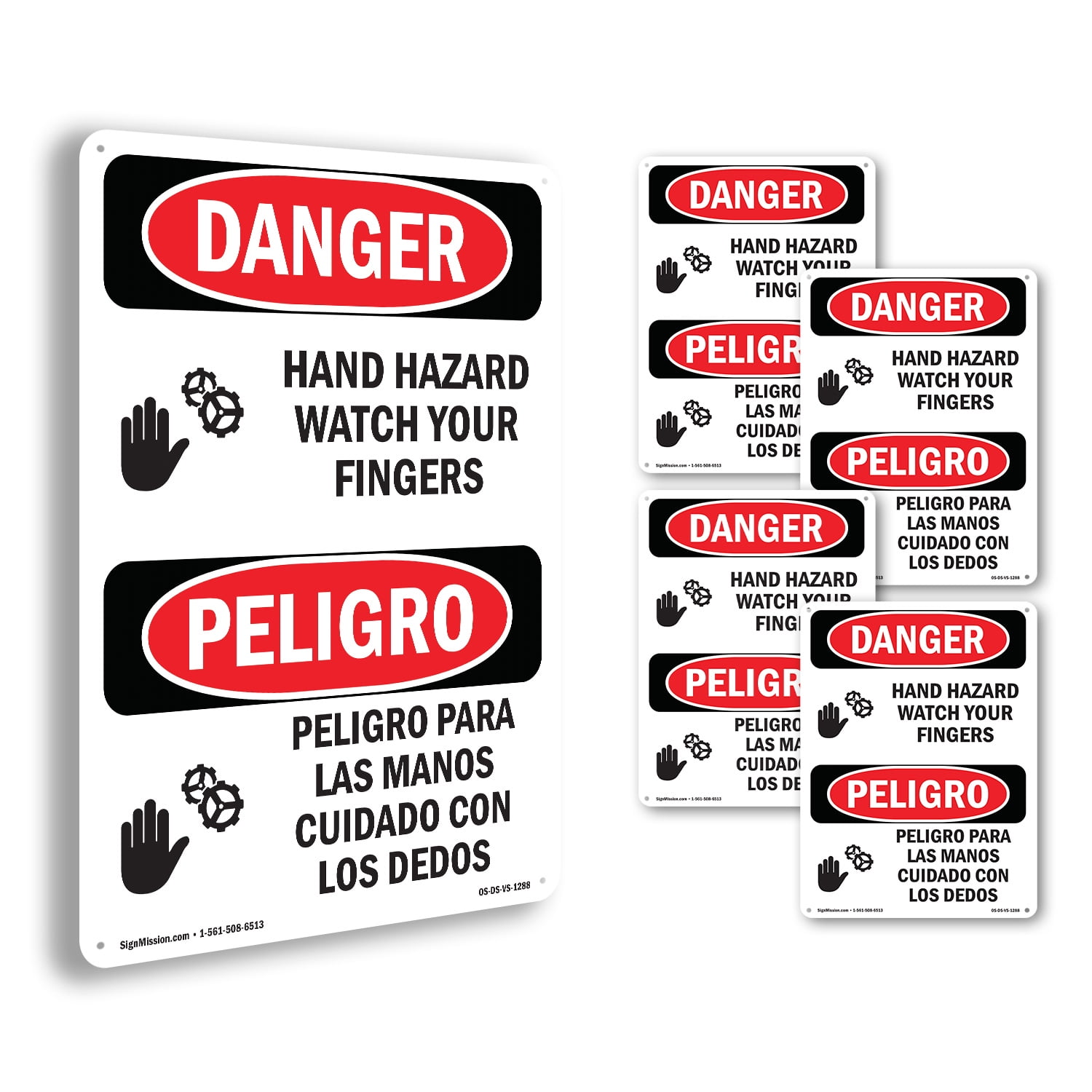 Hand Hazard Watch Your Fingers Bilingual OSHA Danger Rigid Plastic Sign ...