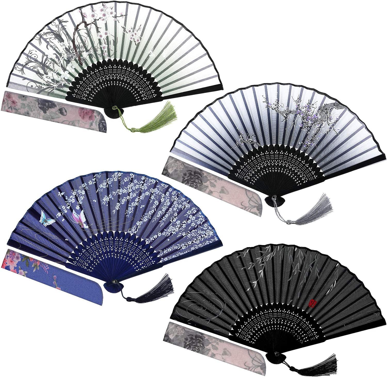 Hand Held Folding Fan, 2-Pack Women Craft Silk Fan with Bamboo Frame ...