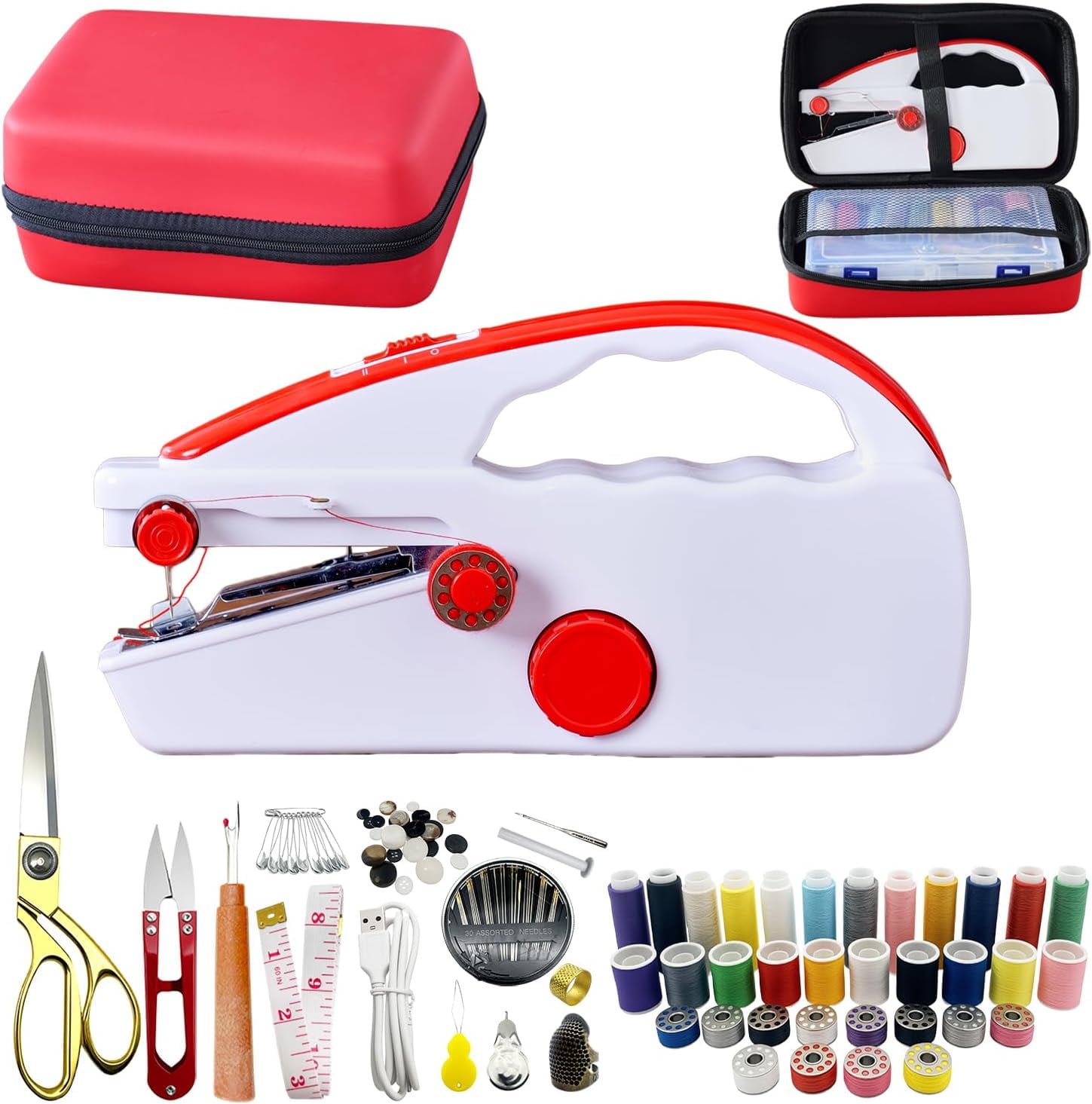 Hand Held Sewing Machine with 110 count Sewing Kit & Red Leather Case ...