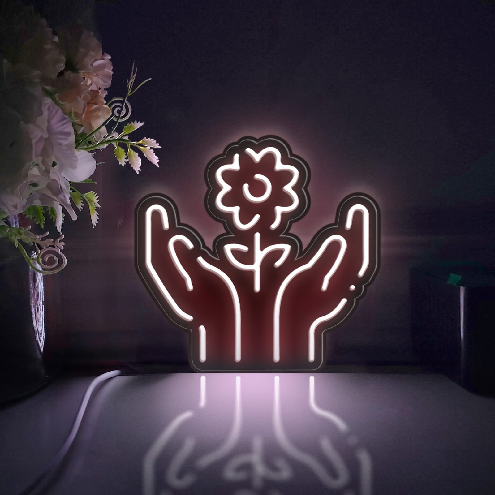 Hand Holding Flower Led Light Box, Dimmable Neon-Like Light Signs USB ...