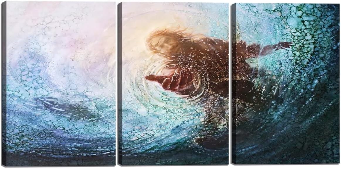 Hand of Jesus Under Water Teal Blue Print on Canvas 3 Panel Christian ...