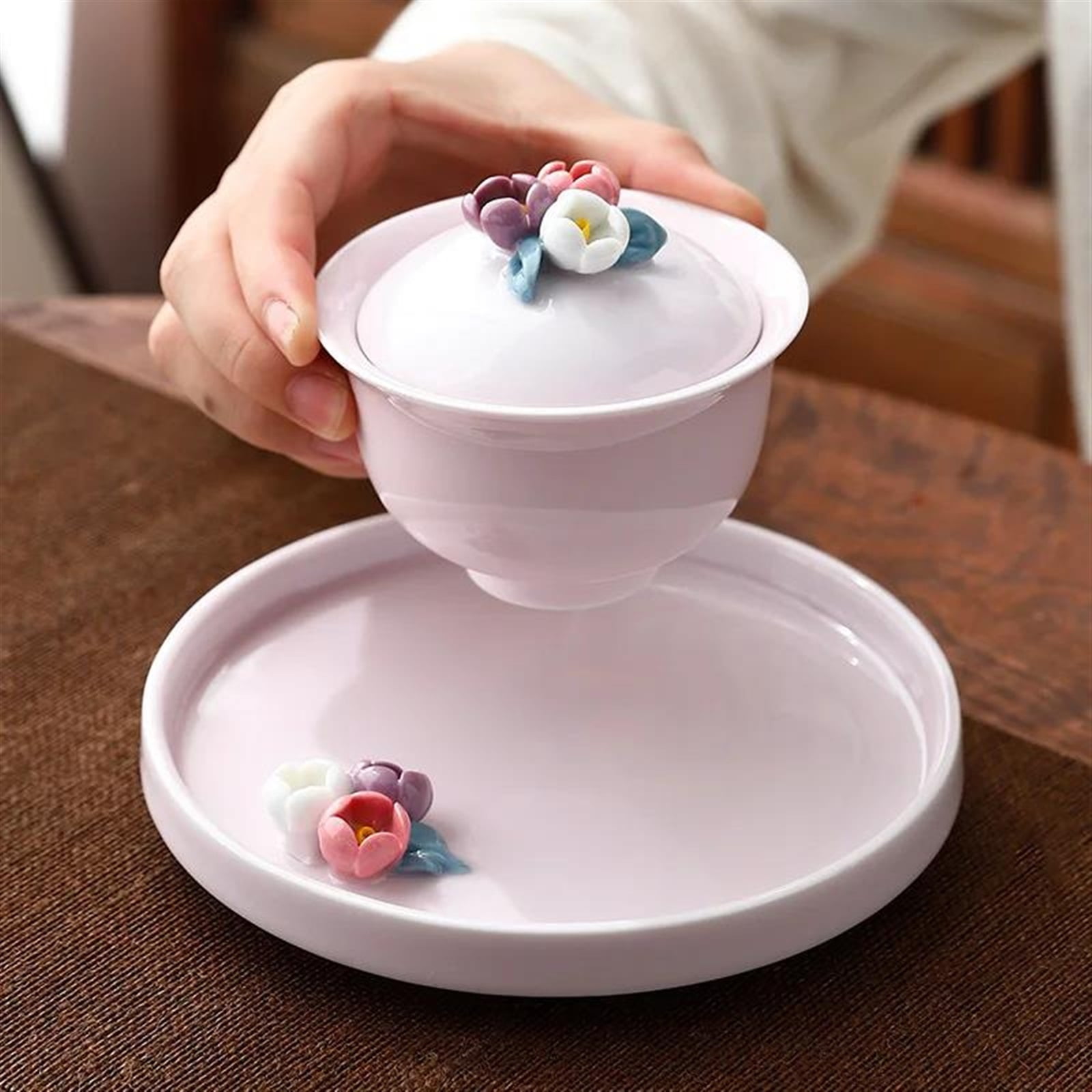 Hand Kneaded Flower Gaiwan Teacup Kung Fu Tea Set Ceramic Gaiwan Tea ...