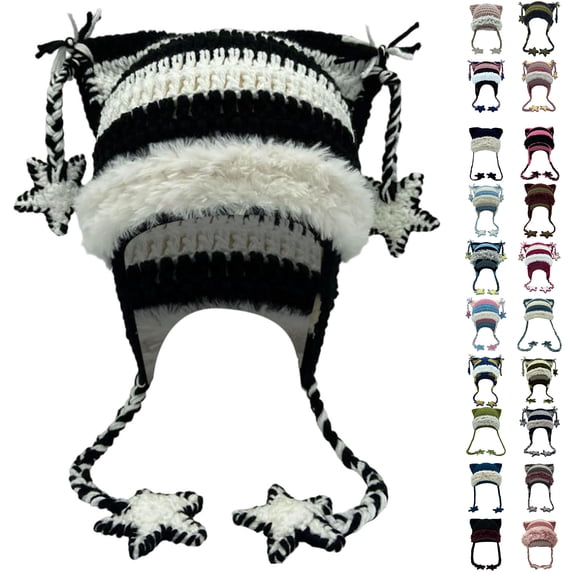 Hand-Knit Cat Ear Hat, Chunky Yarn with Star Stripes and Attached ...