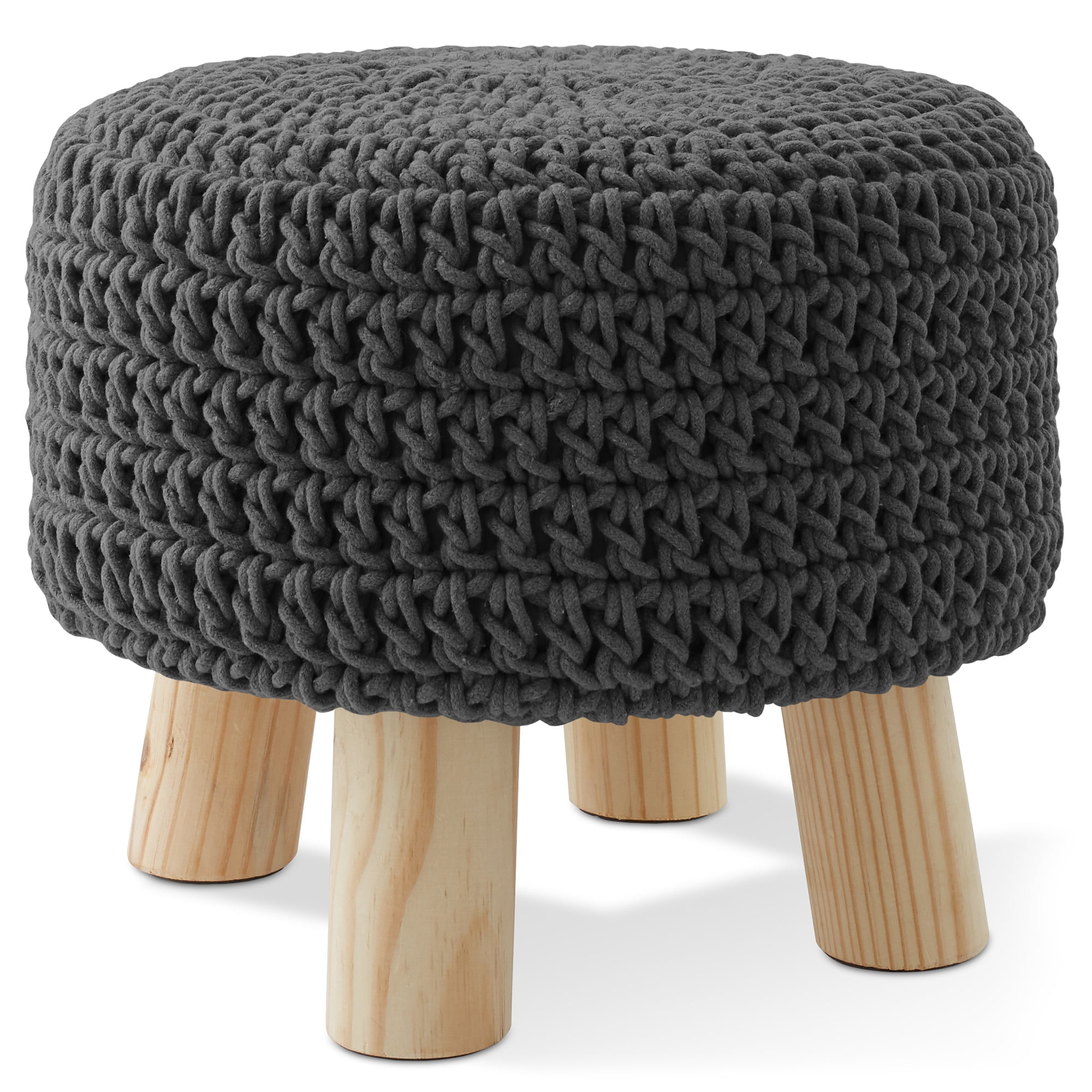 Hand-Knitted Cotton Pouf Ottoman Footstool, 13" Round x 11" High, Boho ...