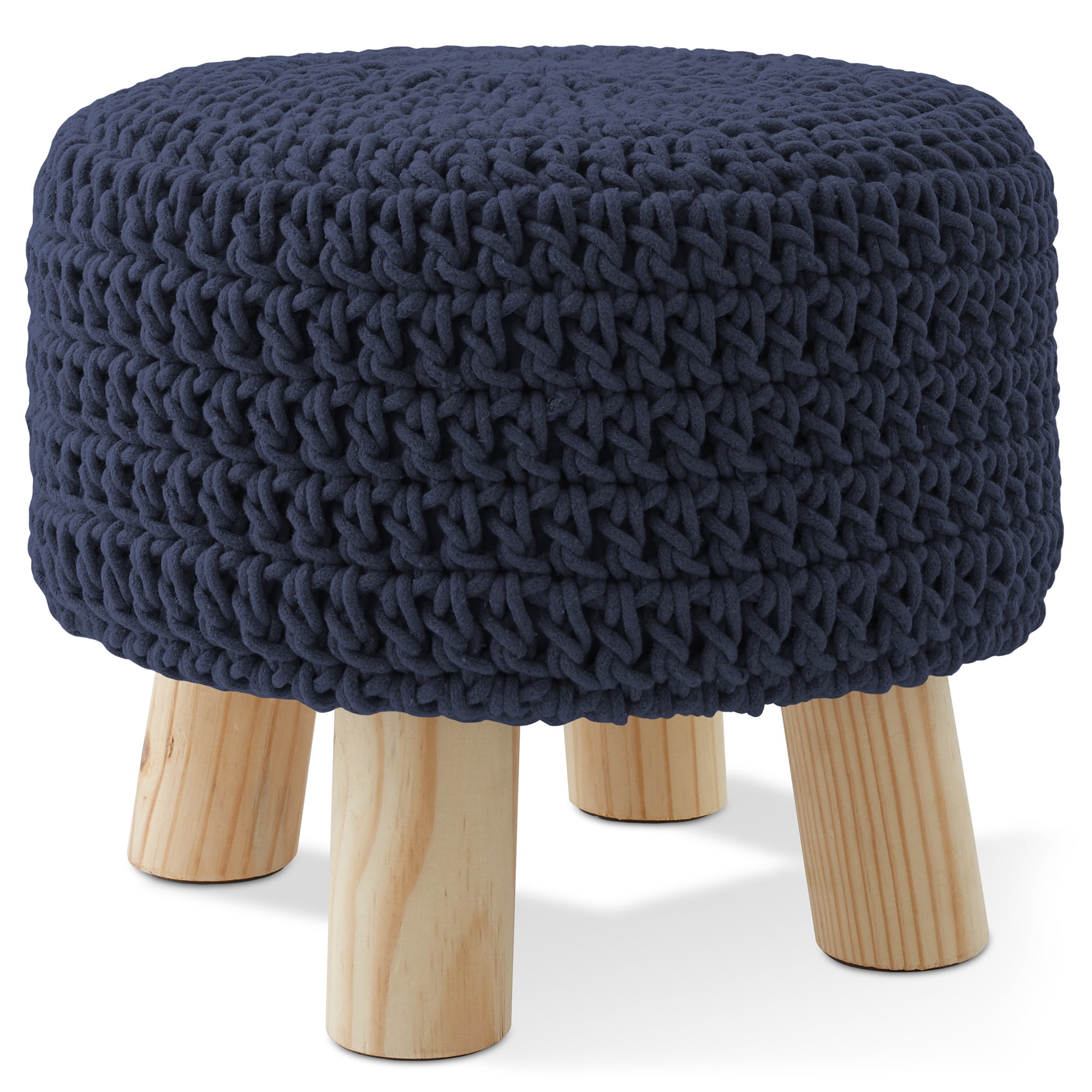Hand-Knitted Cotton Pouf Ottoman Footstool, 13" Round x 11" High, Boho ...