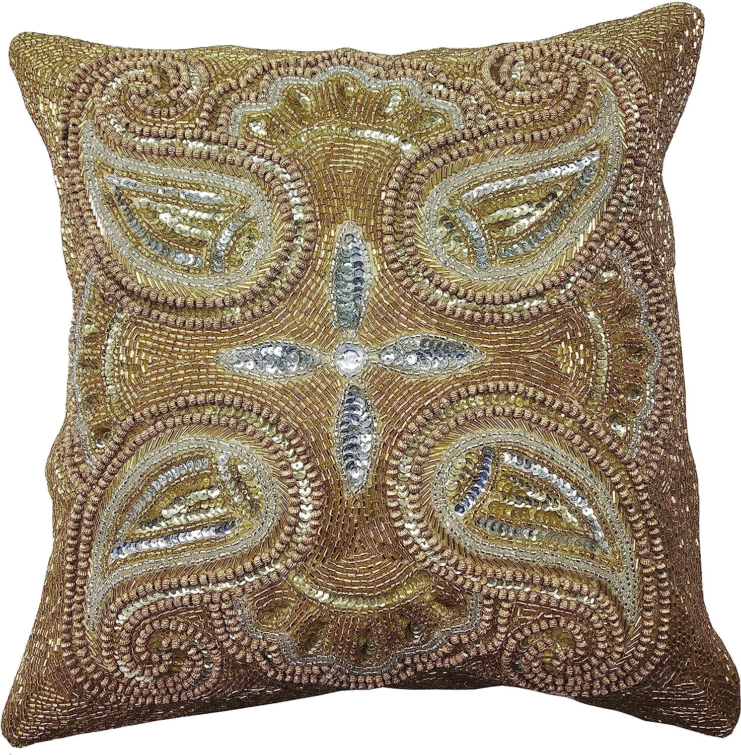 Hand Made Beaded Mini Paisely Cushion Cover 14x14 , Silver Gold colour ...