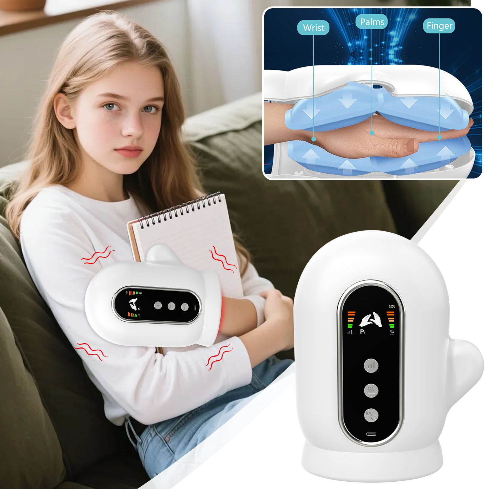 Hand Massager with Heat, 3-Speed Kneading and Vibration, Rechargeable ...