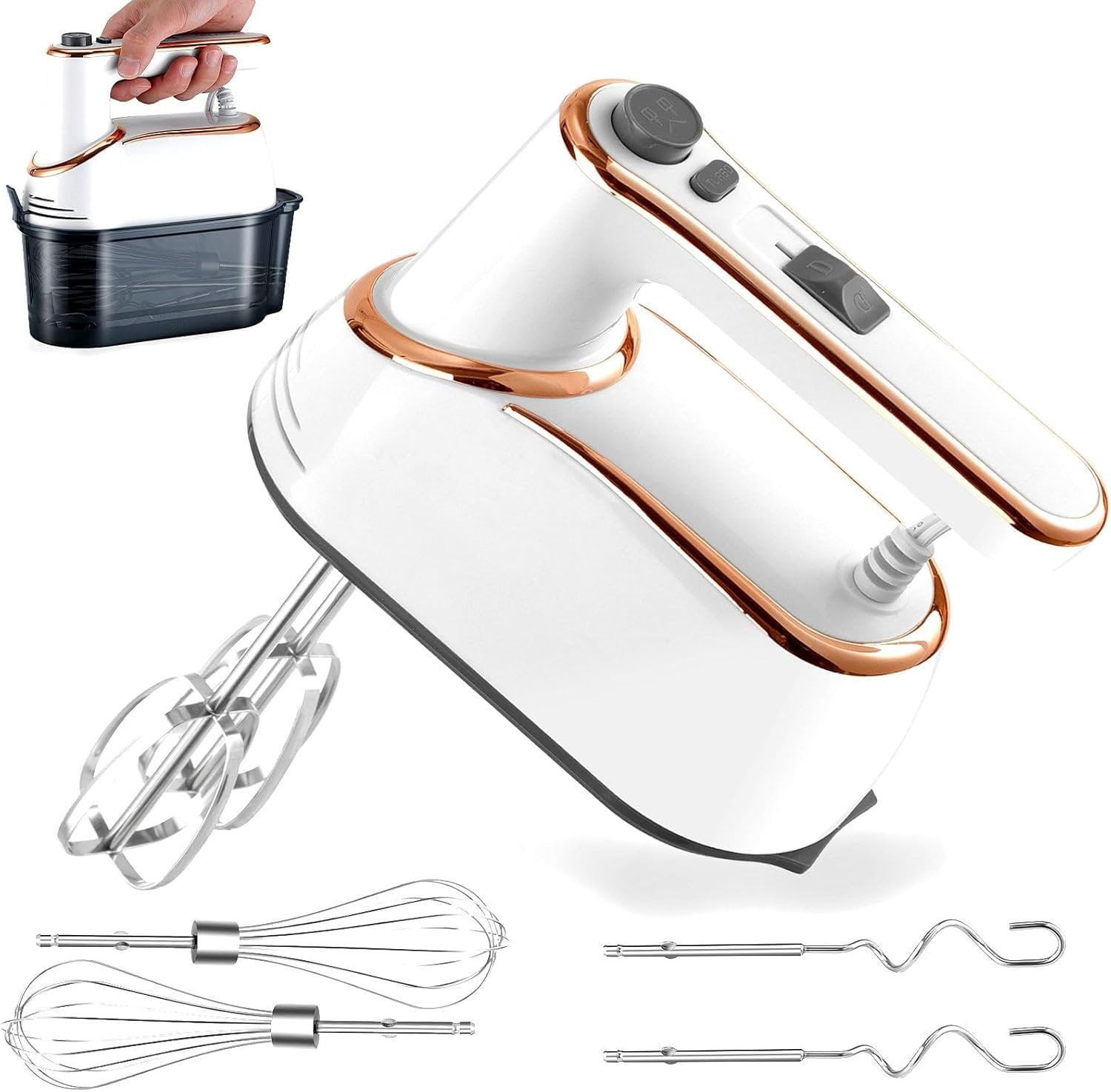 Hand Mixer, 5-Speed Electric with Turbo Boost, White, Copper , 400W ...
