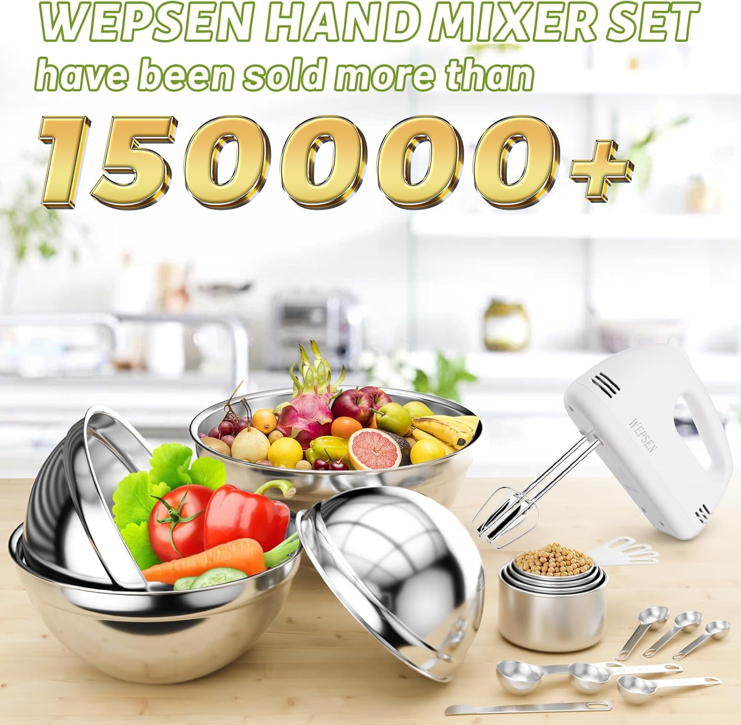 Hand Mixer Electric Mixing Bowls Set, 5 Speeds Handheld Mixer with 4 ...