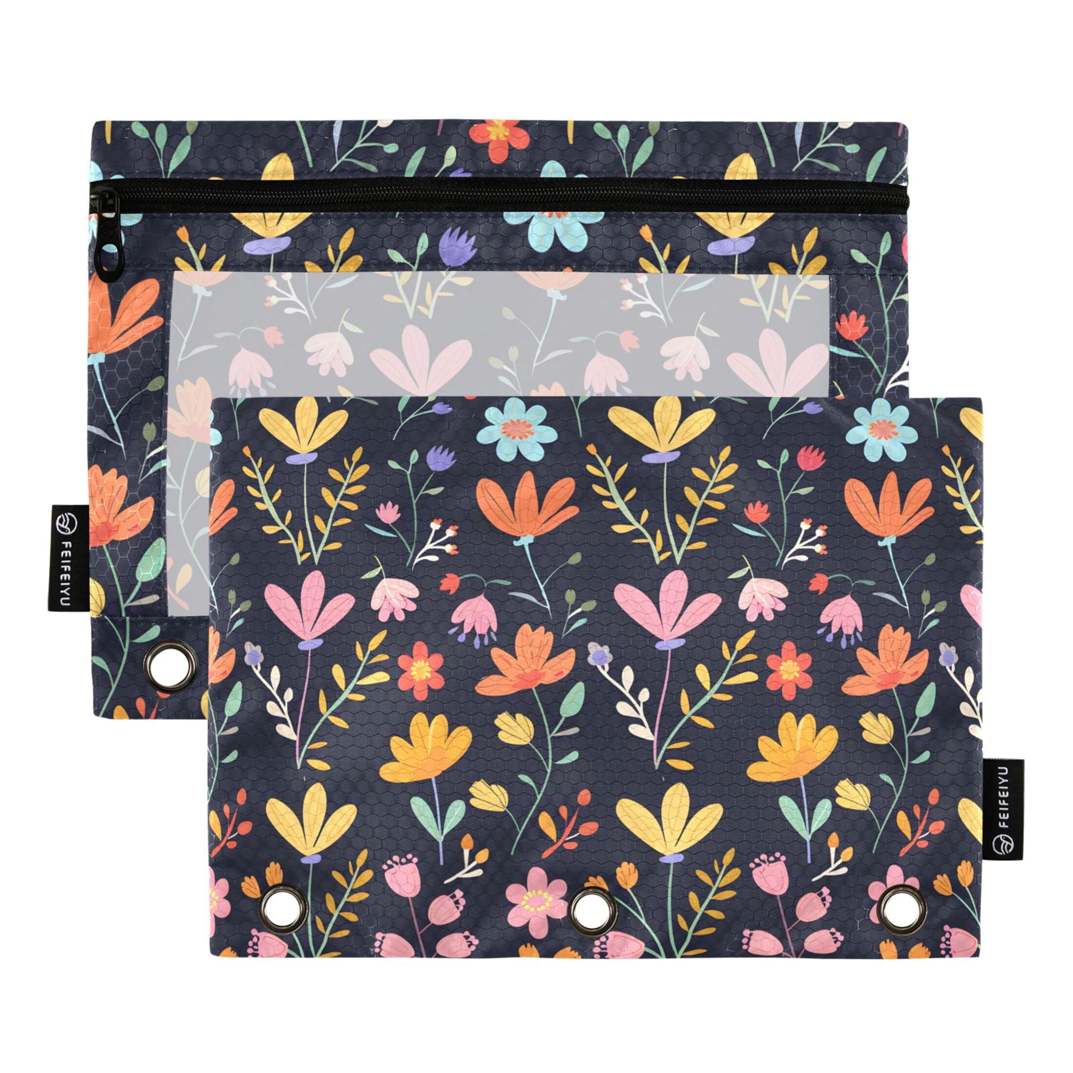 Hand Paint Colorful Floral Flower 2 Pack Pencil Pouch for 3 Ring Binder ...