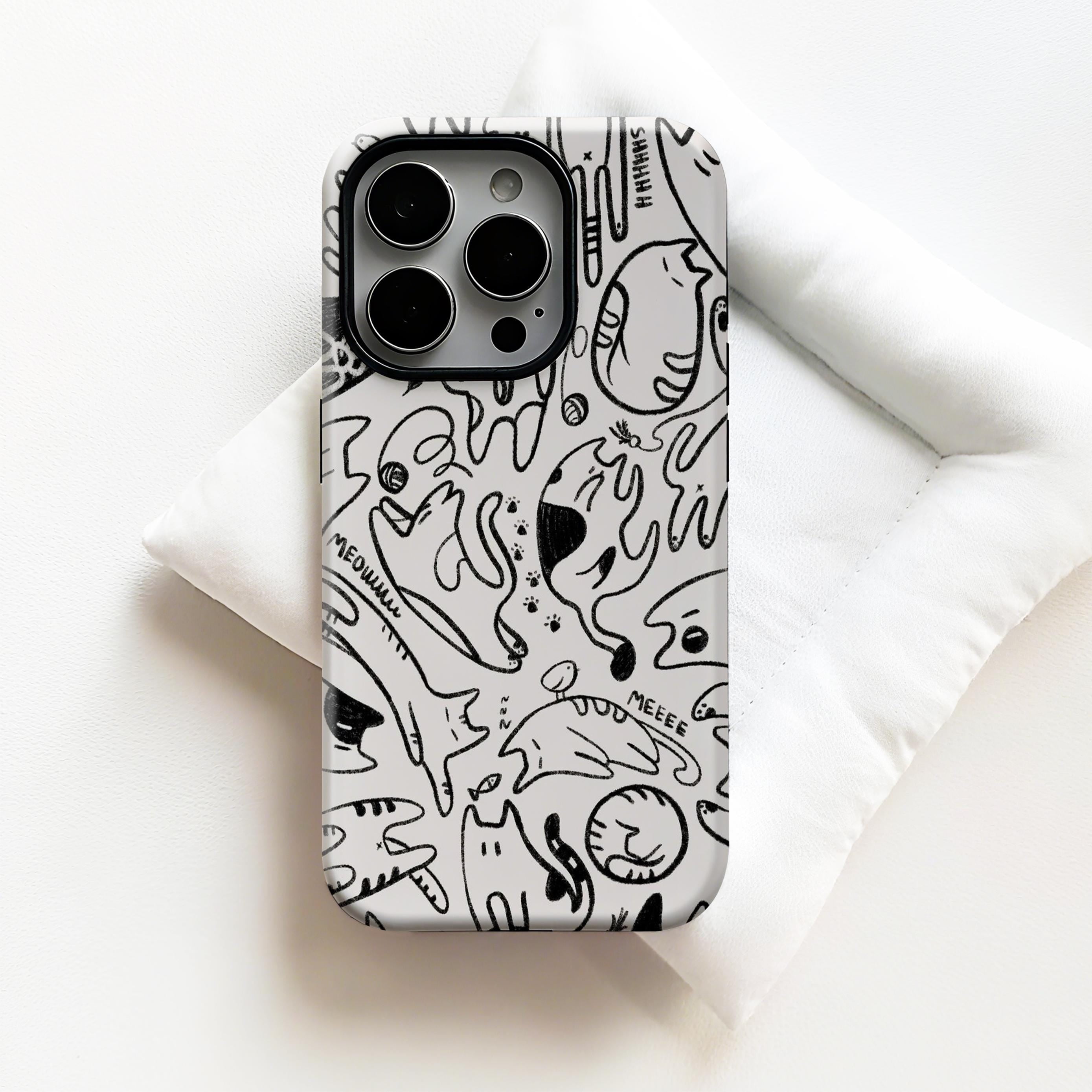 Hand-Painted Black White Cat Whimsical Phone Case with iPhone 17 to 11 ...