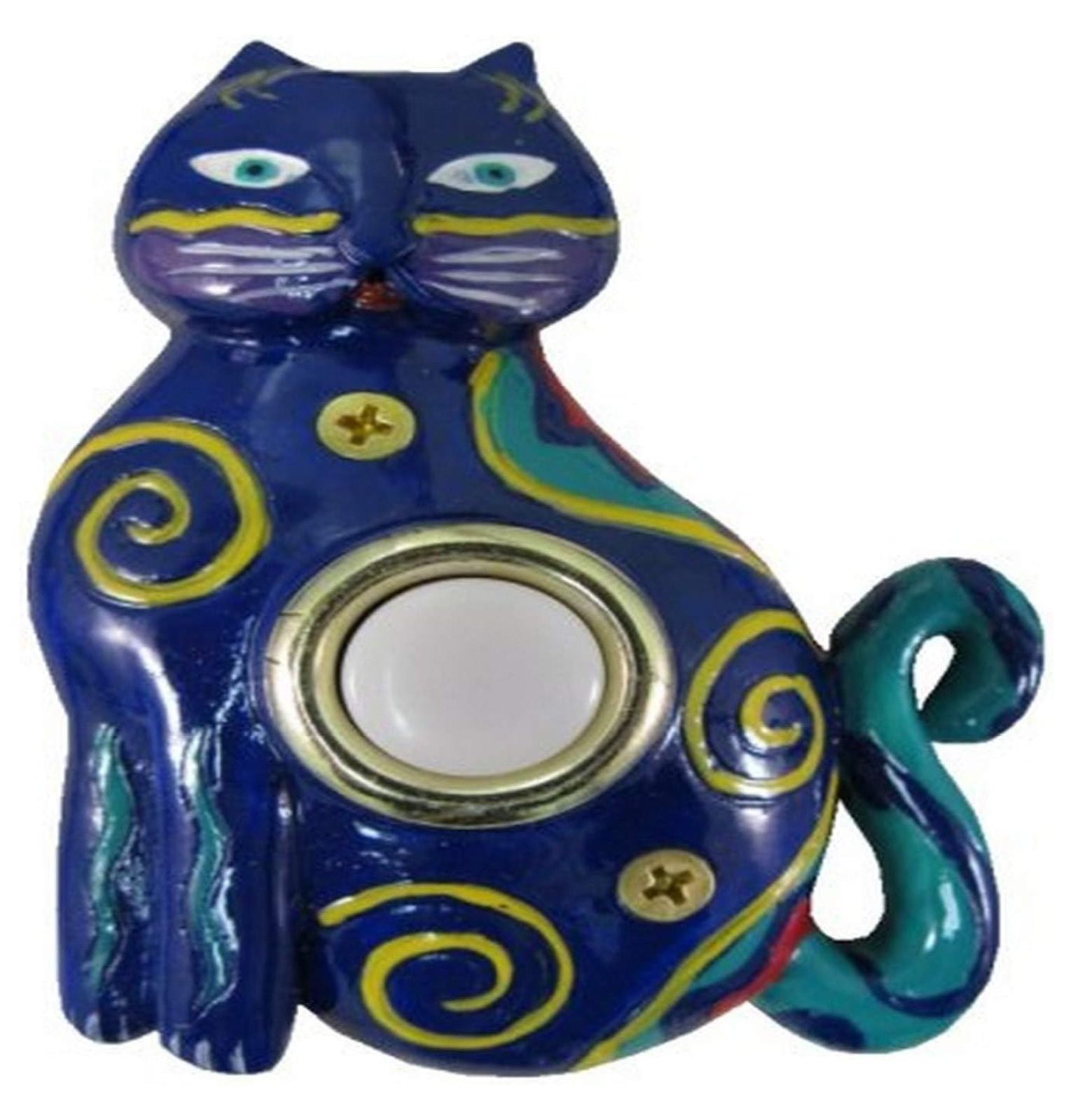 Hand Painted Blue Cat Doorbell - Wired & Illuminated Push Button Cast ...