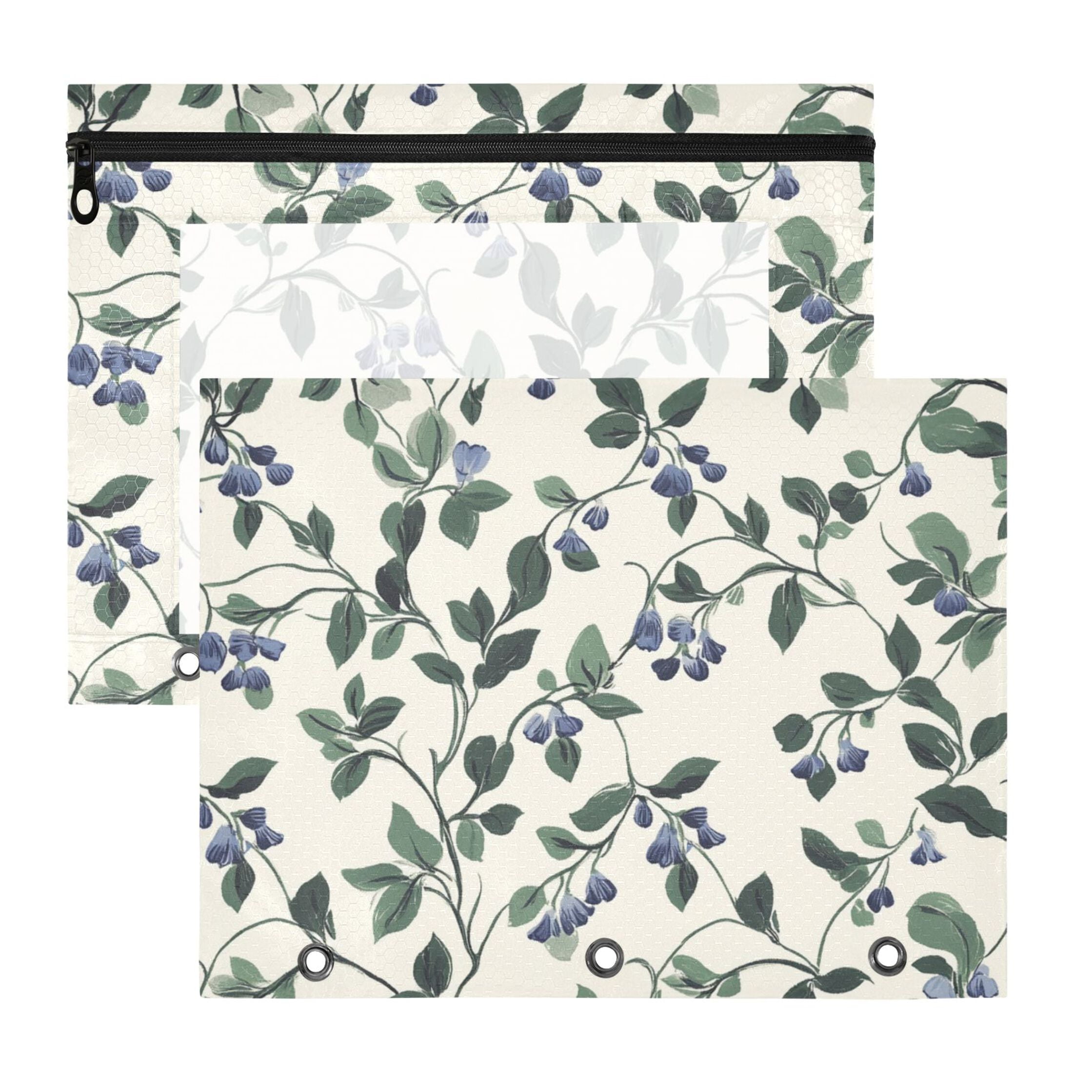 Hand Painted Blue Florals 3-Ring Binder Pouches A4 Size Zipper Pocket File Storage 2 Packs ...