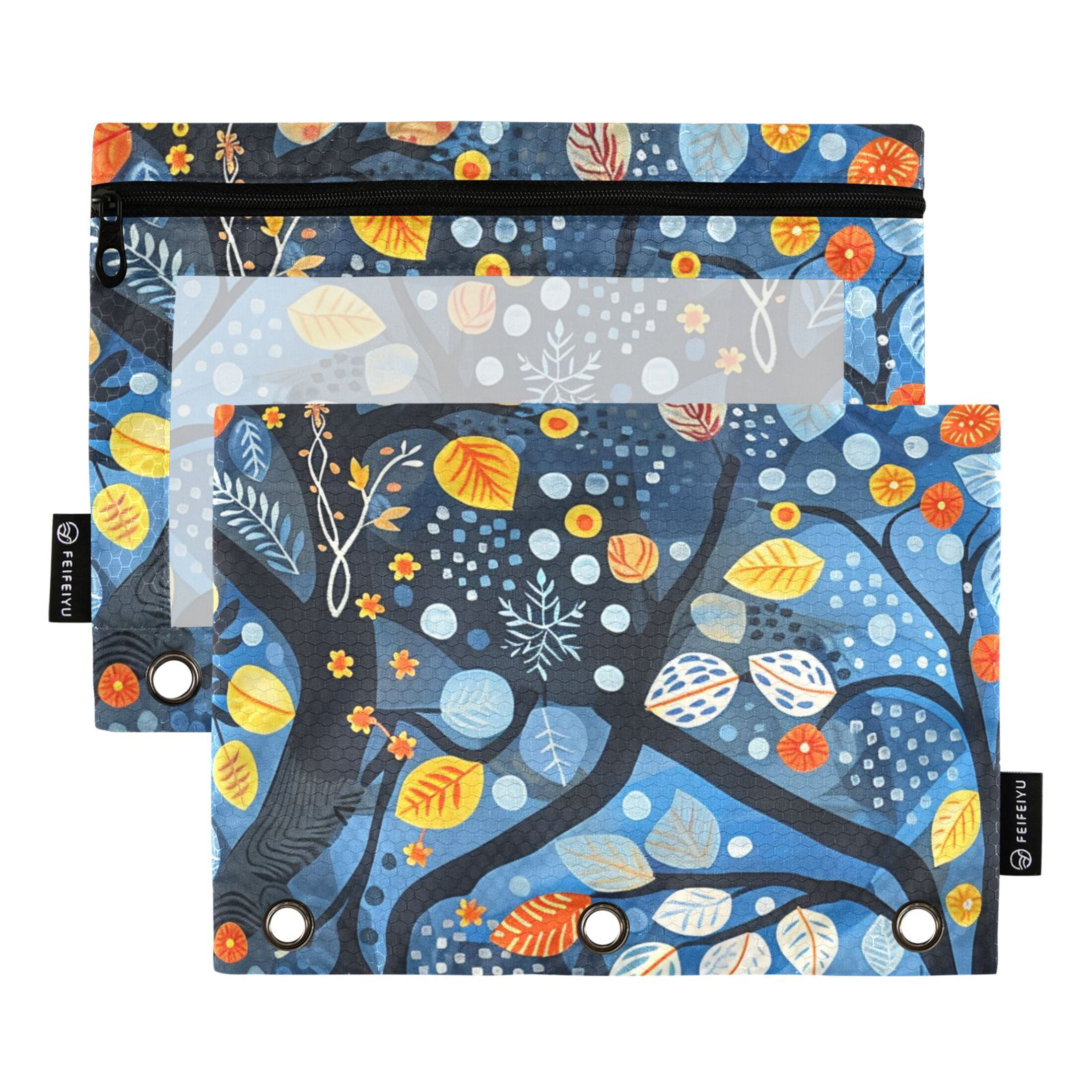 Hand Painted Blue Florals Binder Pouches Zipper Pocket Document Storage ...