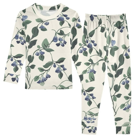 Hand Painted Blue Florals Cotton Pajama Set Long Sleeve Top and Pants ...