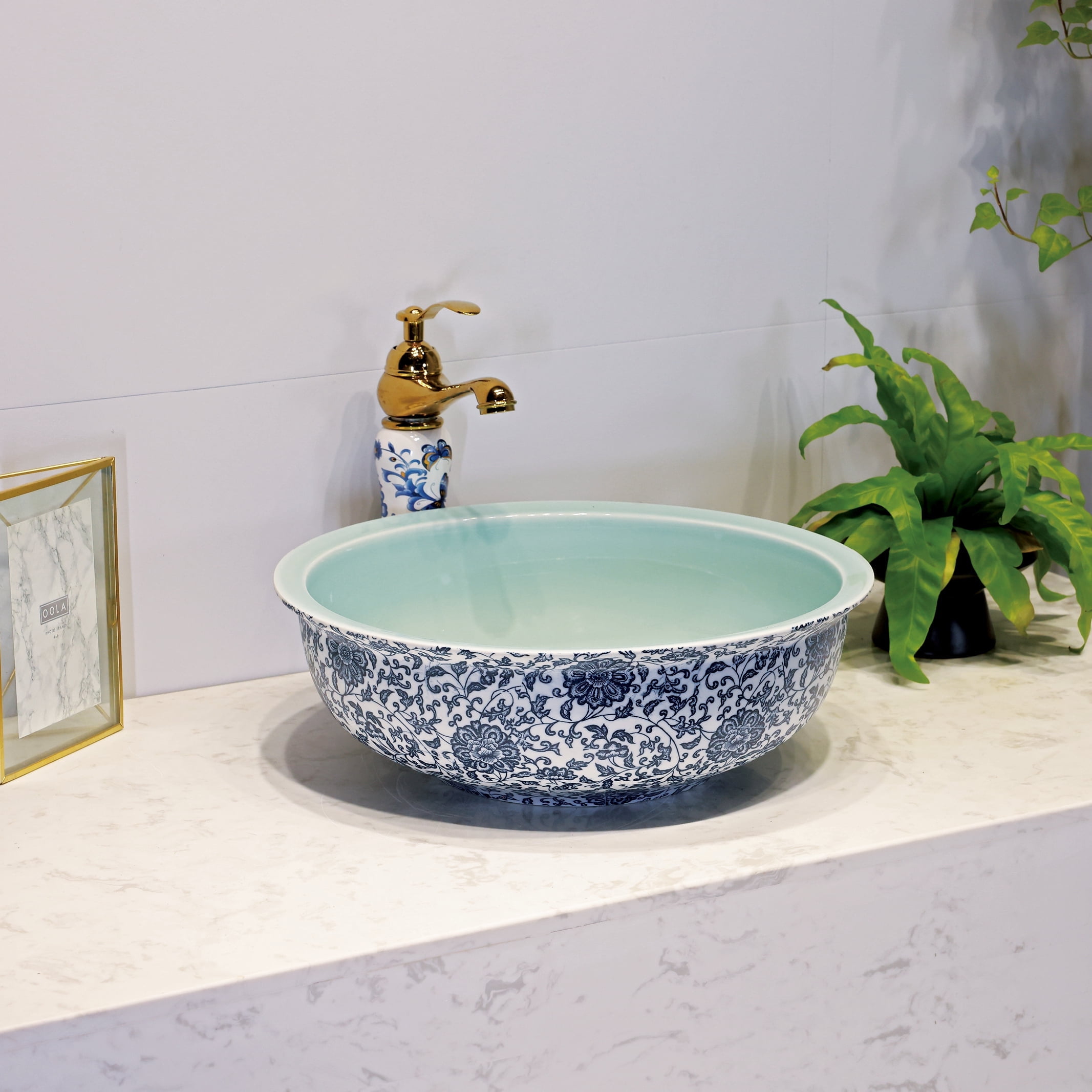Hand-Painted Blue and White Porcelain Ceramic Sink Circular Round Art ...