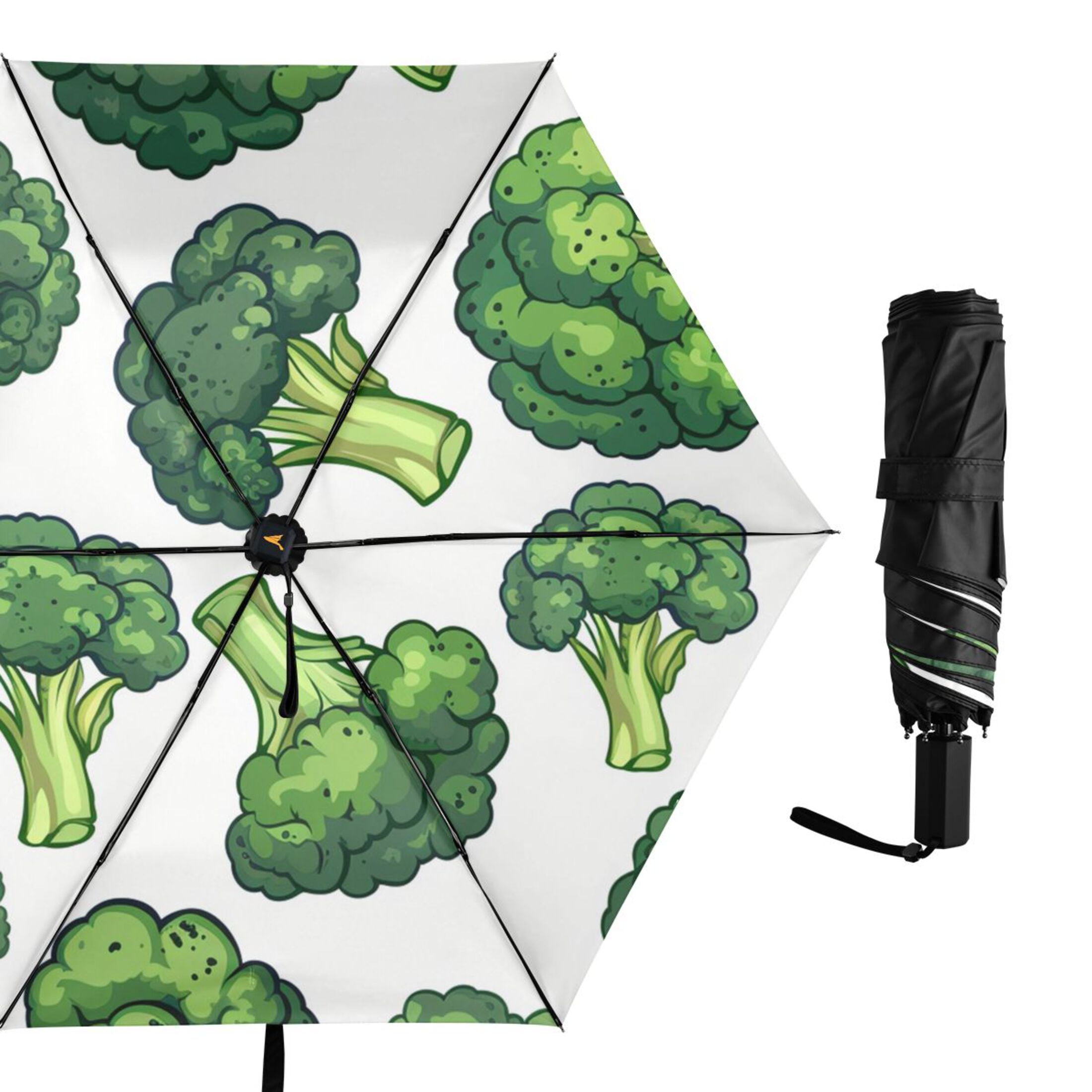 Hand Painted Broccoli Cartoon Triple Folding Umbrella Parasol 6 Ribs UV ...