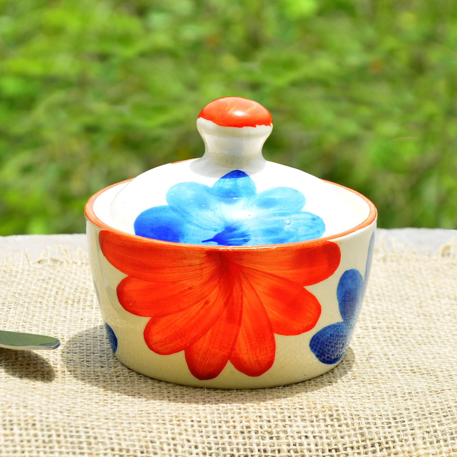 Hand Painted Ceramic Butter Pot With Lid - Red & Blue, 300ml | Chutney ...