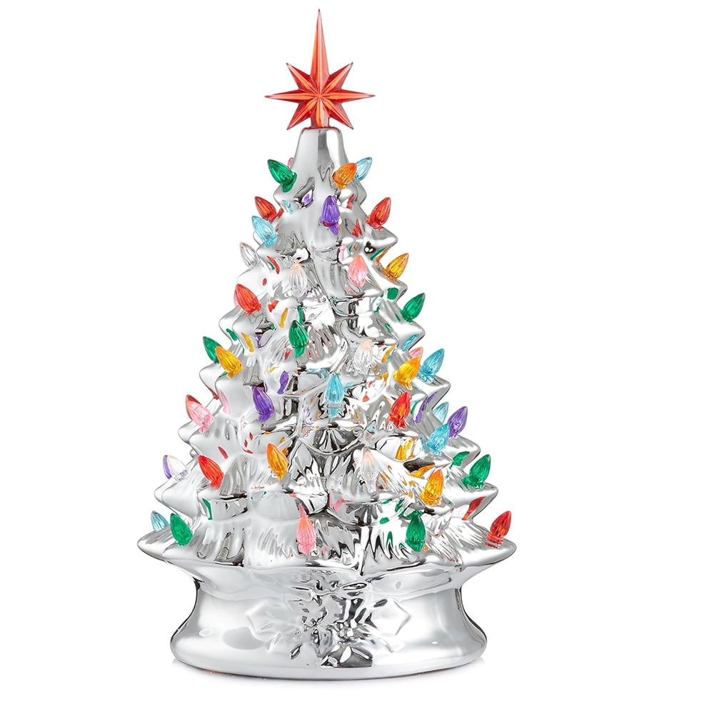 Hand Painted Ceramic Christmas Tree, Silver 15-Inch Pre-Lit Tree with ...