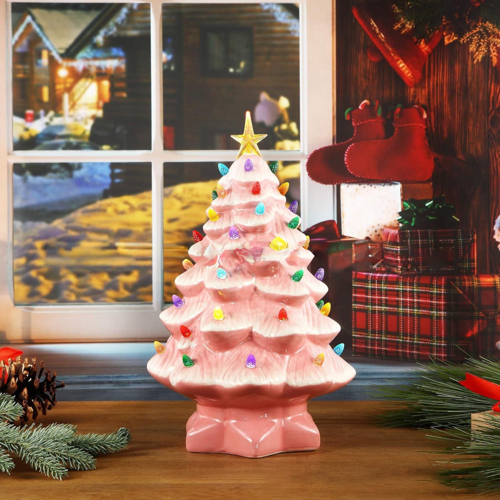 Hand Painted Ceramic Christmas Tree, White 15-Inch Pre-Lit Tree with ...