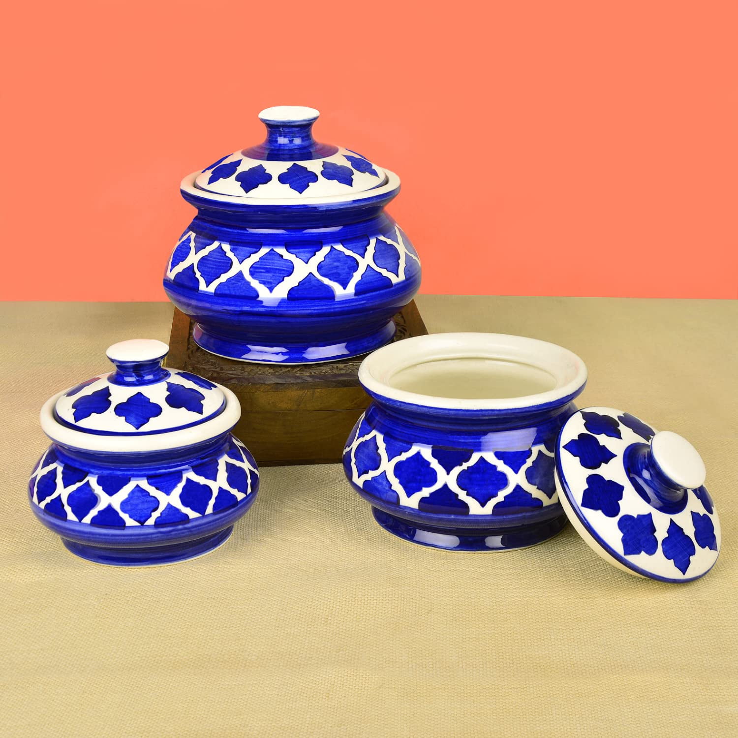 Hand Painted Ceramic Handi Set With Lid Set Of 3 - 1900ml, 1200ml ...