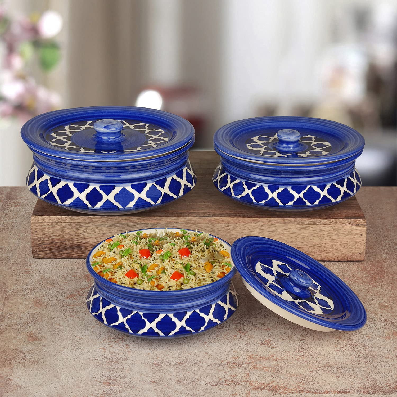 Hand Painted Ceramic Handi With Lid Set Of 3 - Blue & White | Dinner ...