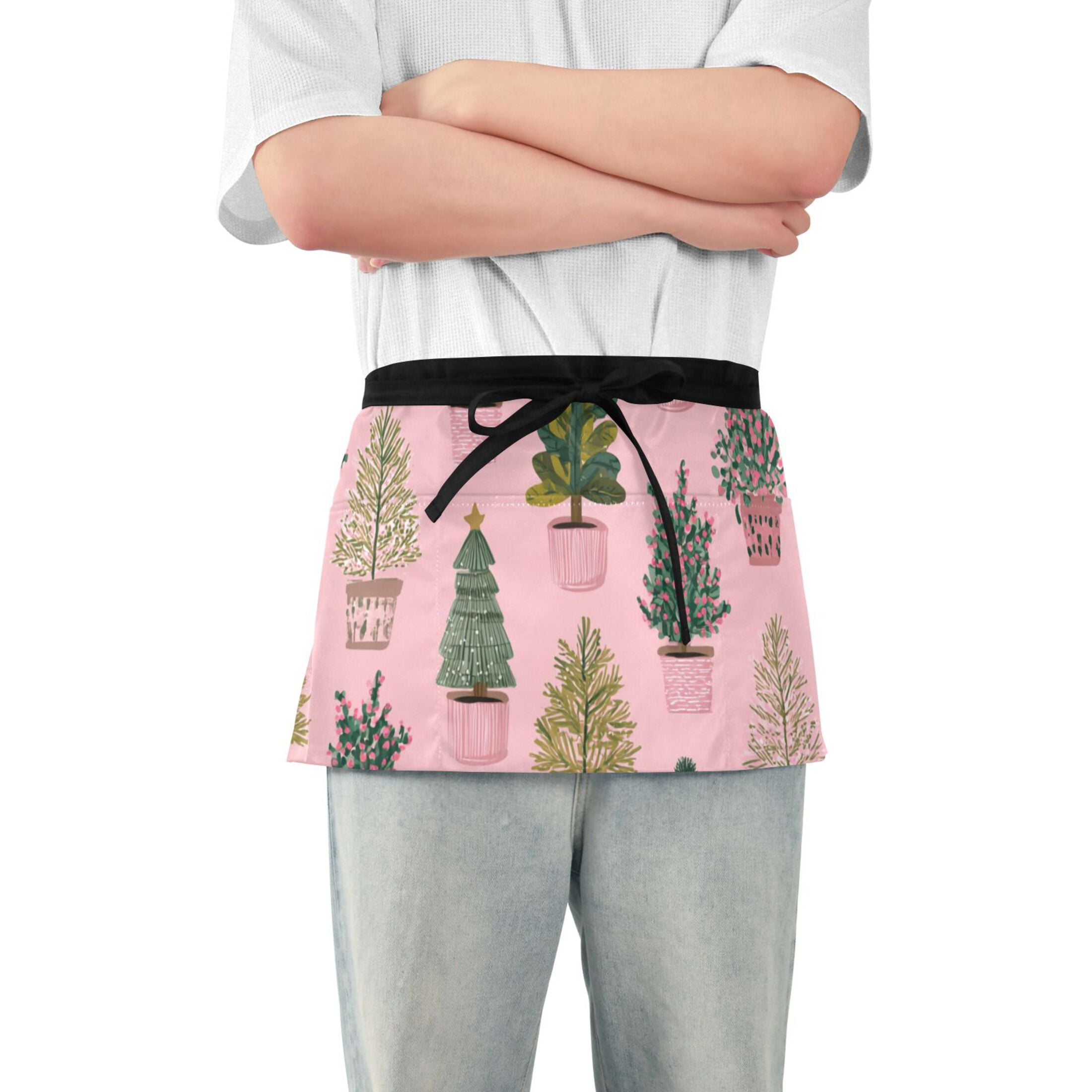 Hand Painted Christmas Trees in Pot Short Server Apron with 3 Pockets ...