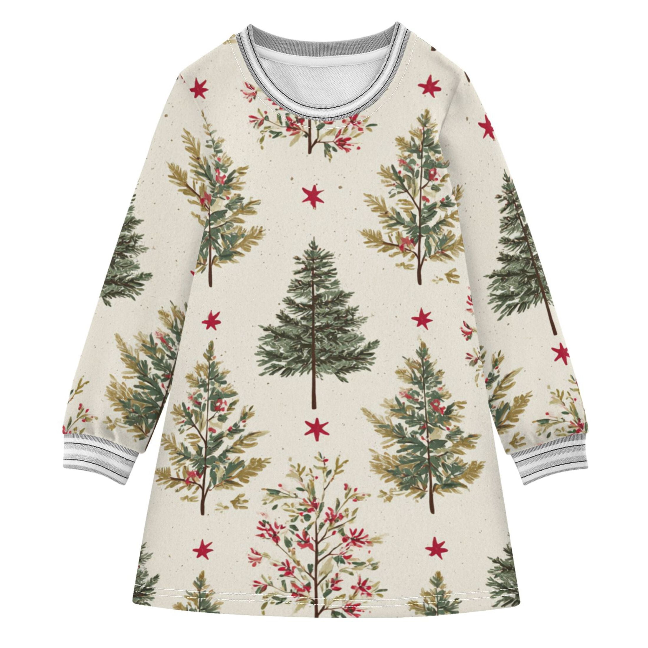 Hand Painted Christmas Trees with Red Stars Long-sleeved Dress A-line ...