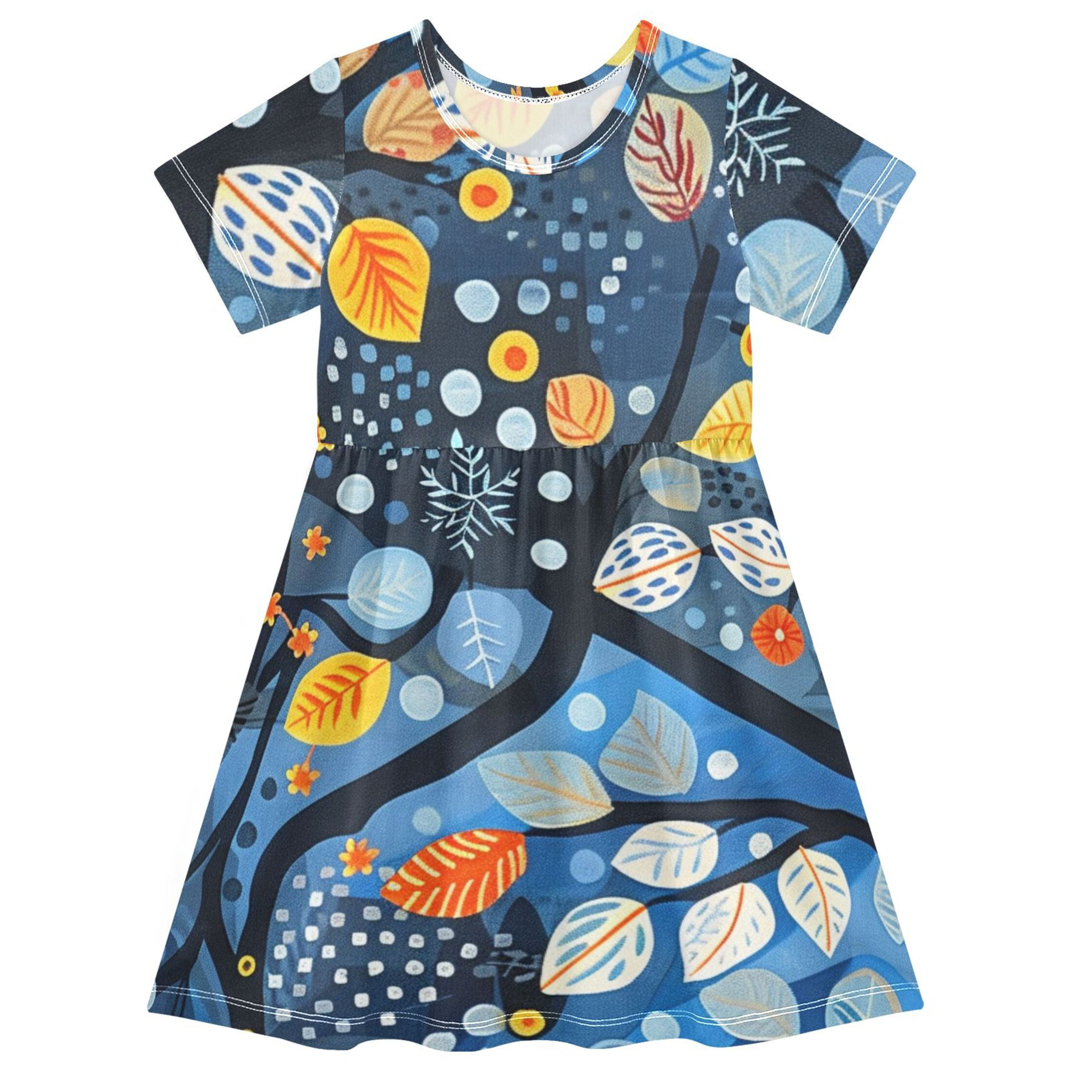 Hand Painted Colorful Trees Girls' Short Sleeve Dress A-Line One-Piece ...