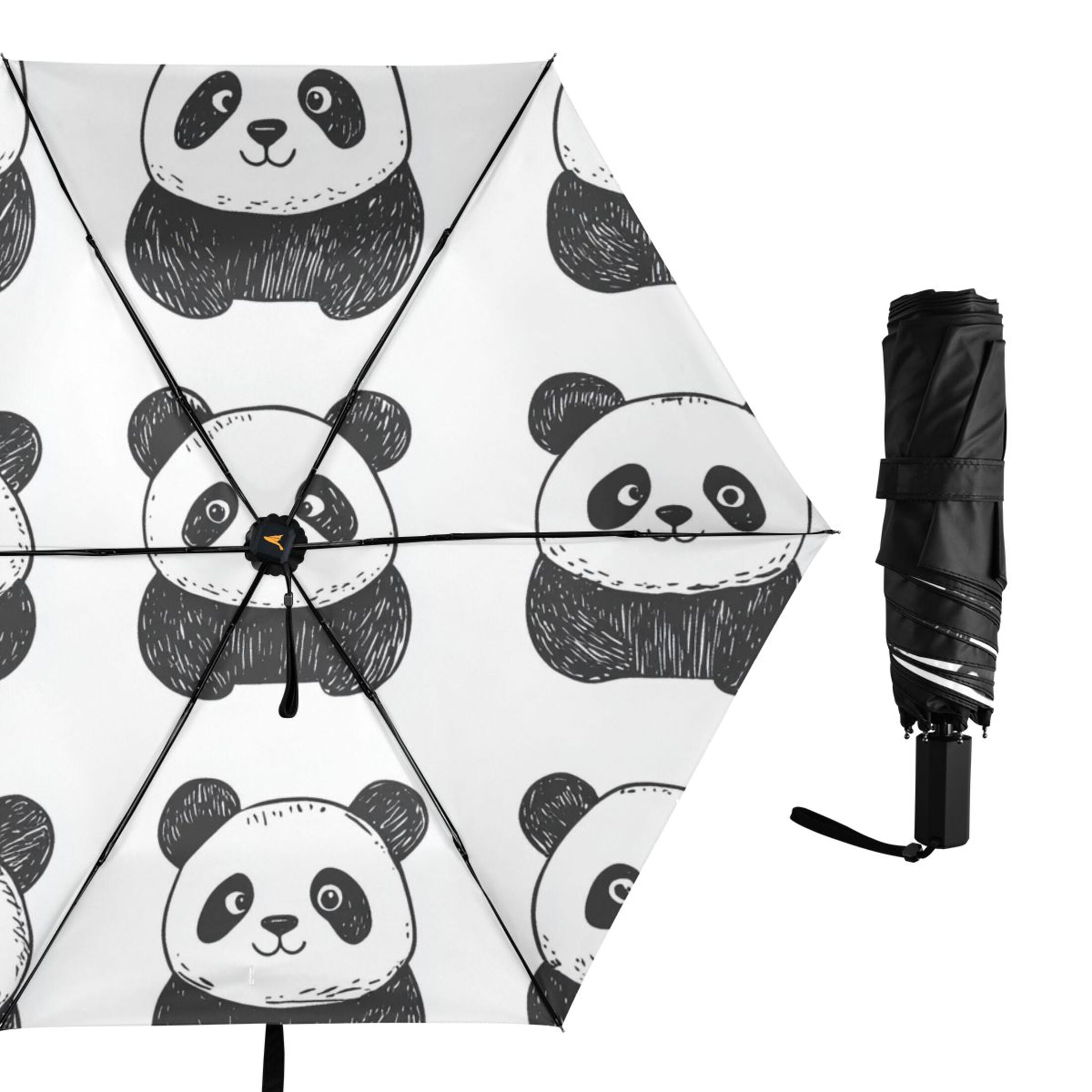 Hand Painted Cute Panda Faces Triple Folding Umbrella Parasol 6 Ribs UV ...