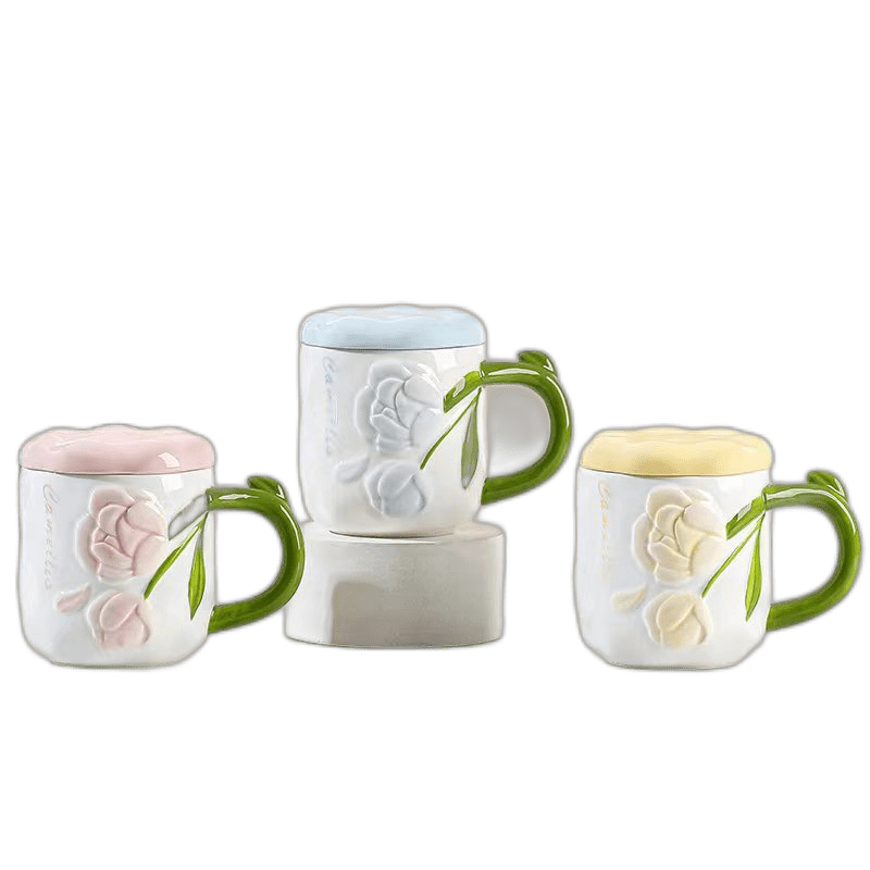 Hand-Painted Embossed Tulip Ceramic Cup Creative Mug With Lid High ...