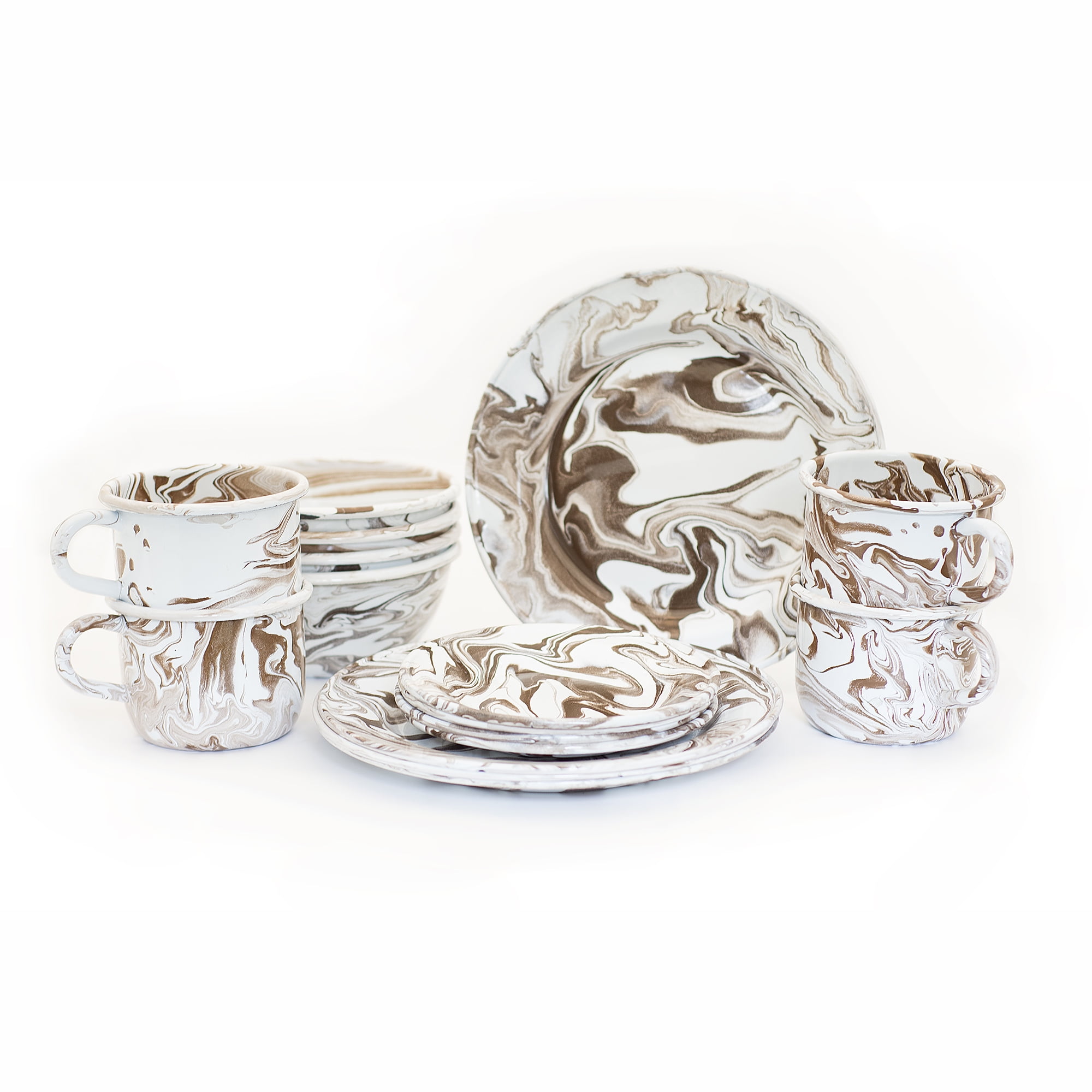 Hand-Painted Enamelware Set of 16 Pieces - Brown Marbeled Design ...
