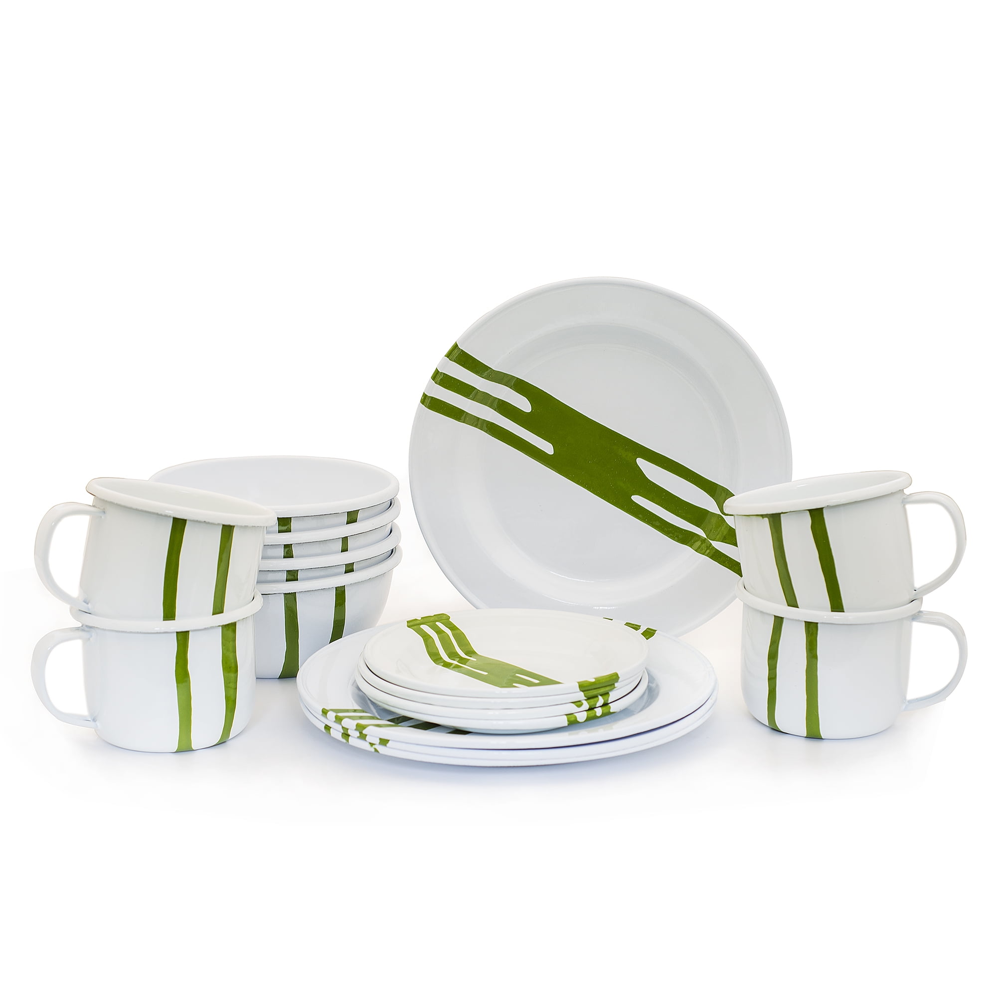 Hand-Painted Enamelware Set of 16 Pieces - Green Abstract Design ...
