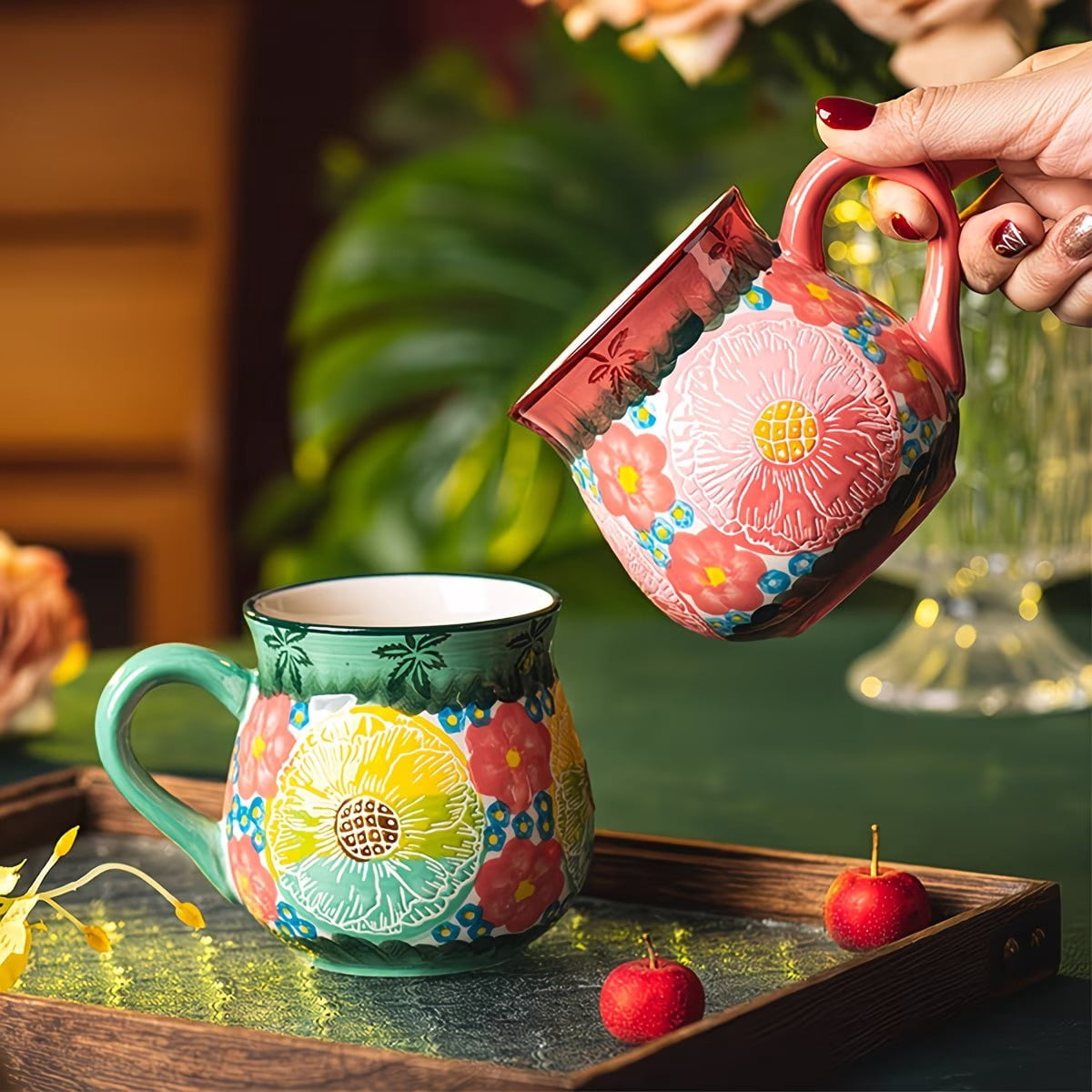Hand-Painted Floral Ceramic Mug - Microwave Safe Reusable Coffee Cup ...