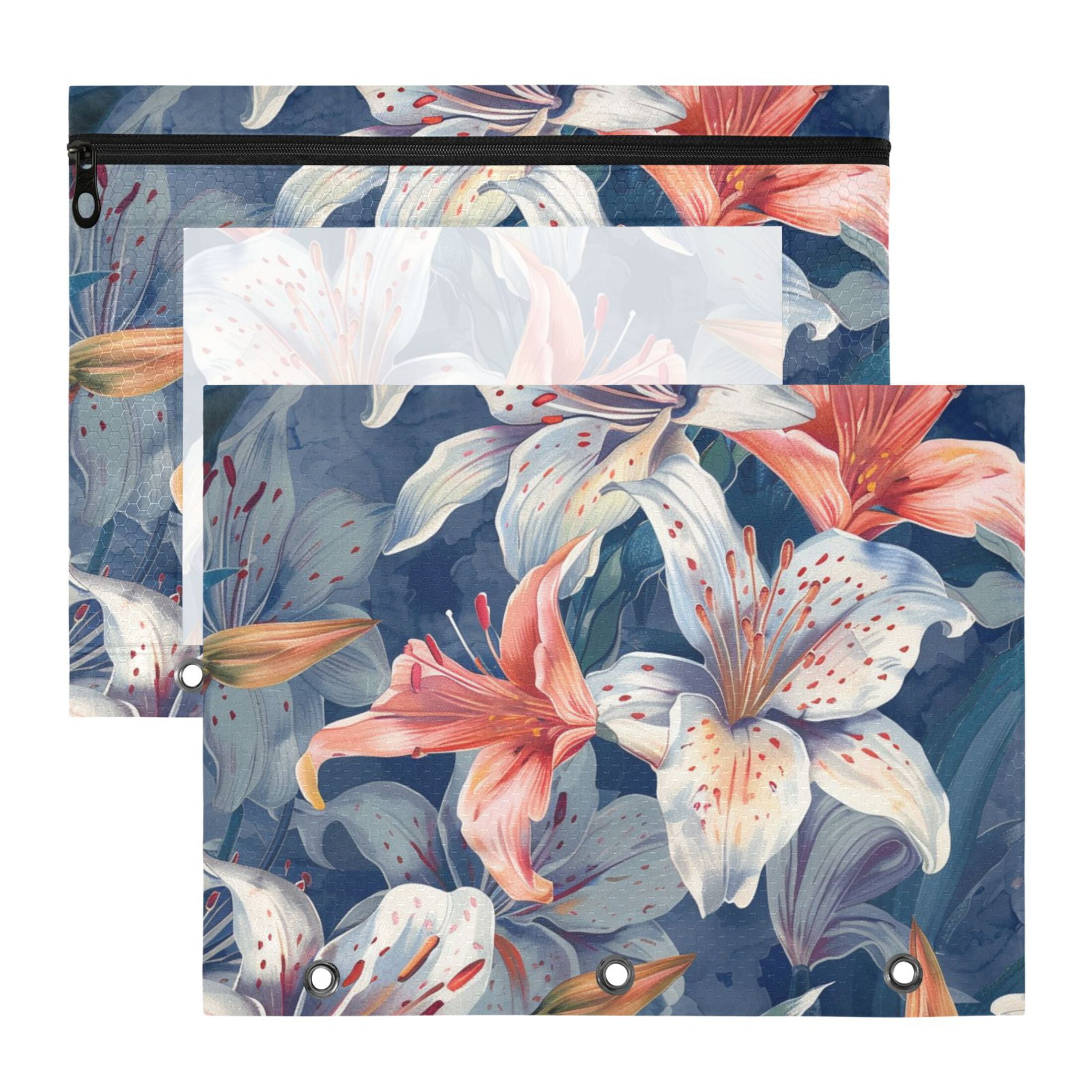 Hand Painted Flowers 3-Ring Binder Pouches A4 Size Zipper Pocket File ...