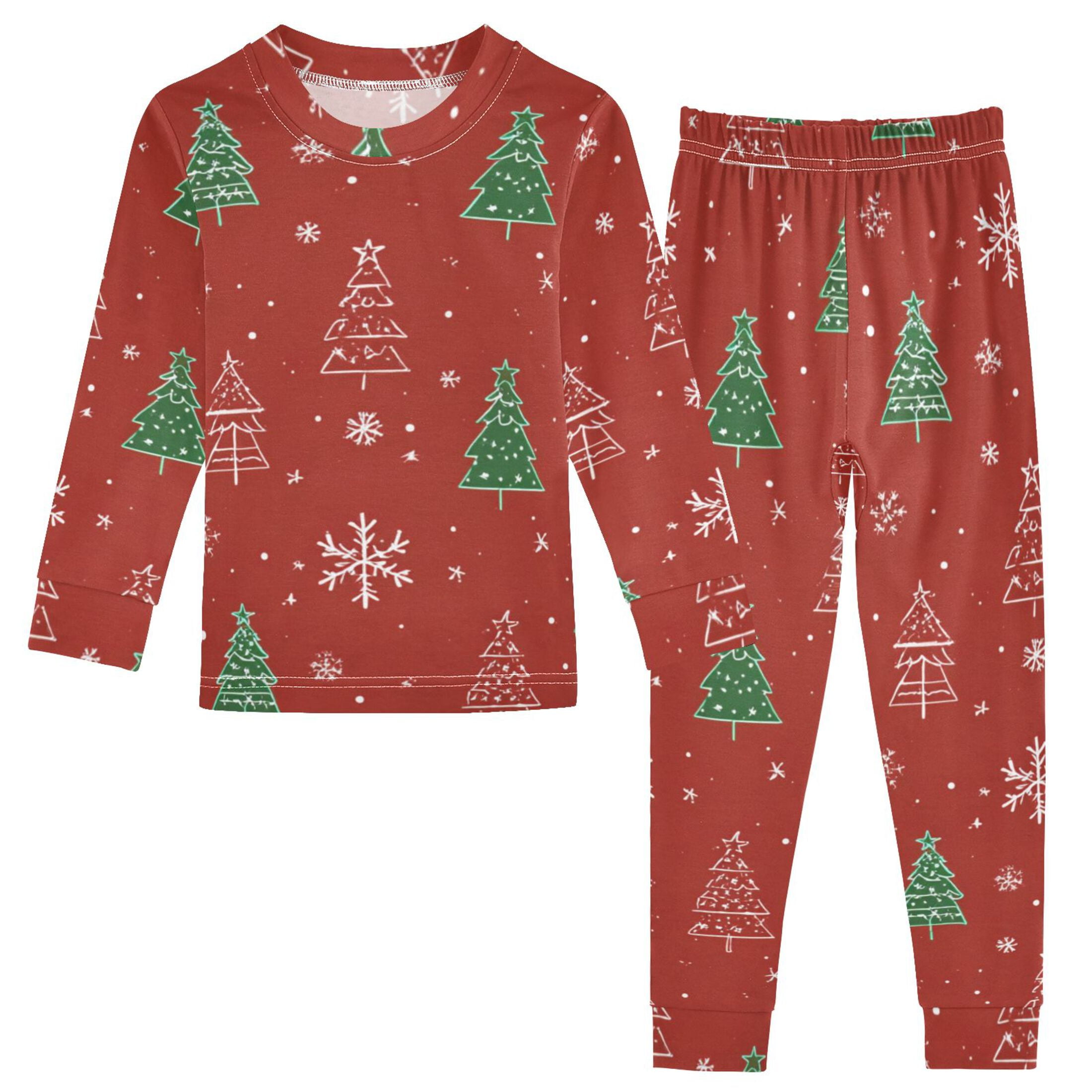 Hand Painted Green White Christmas Trees Snow Cotton Pajama Set Long ...