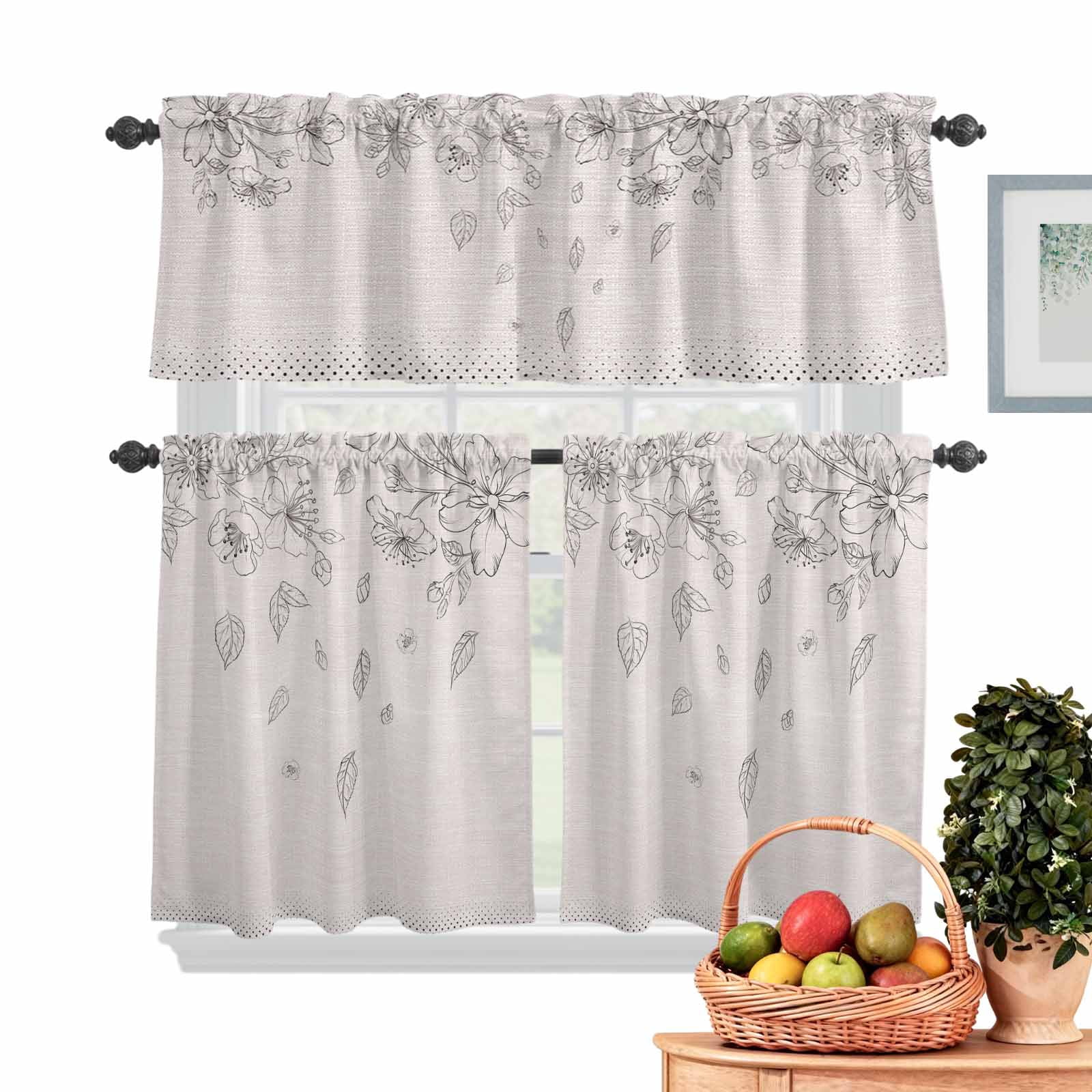 Hand Painted Kitchen Curtains Valances 3 Piece Set, Flowers Floral Tree ...
