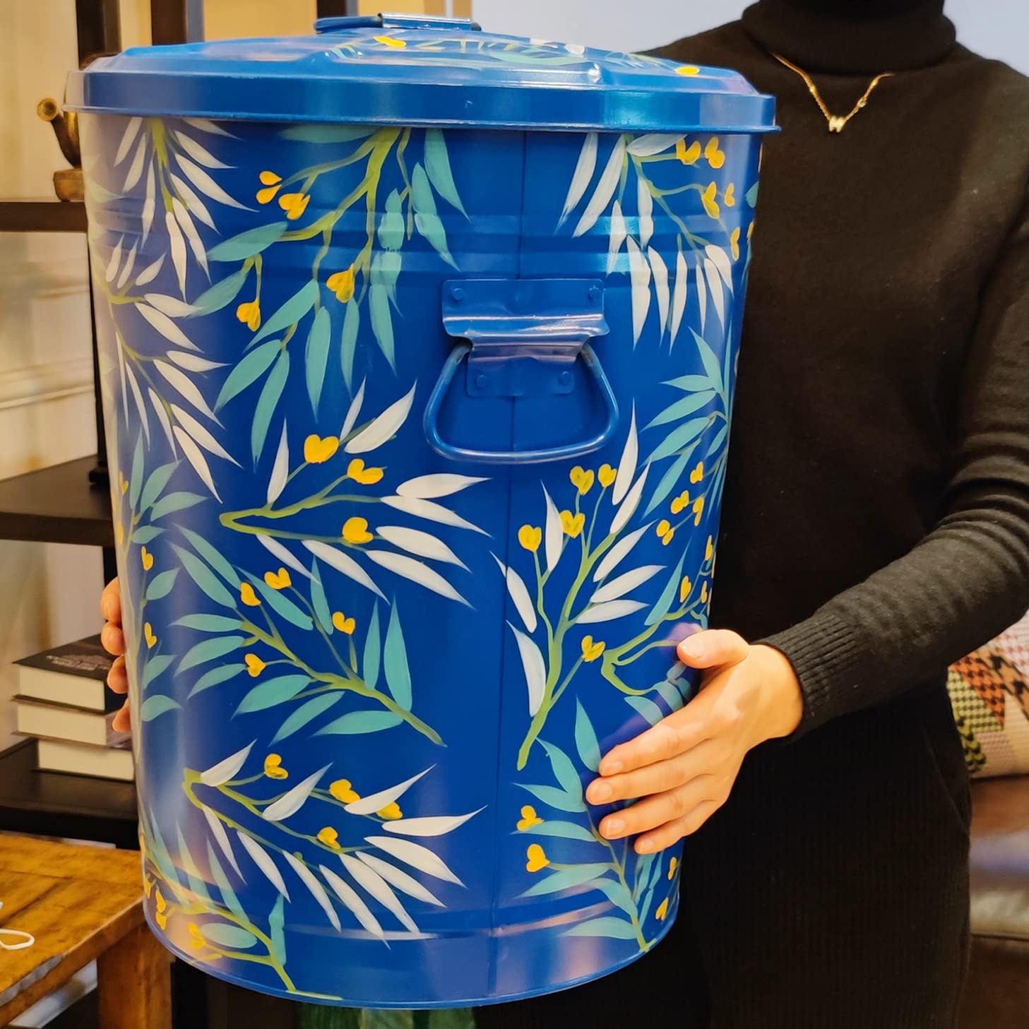 Hand Painted Metal Trash Can with Lid Recycling Canister Storage ...