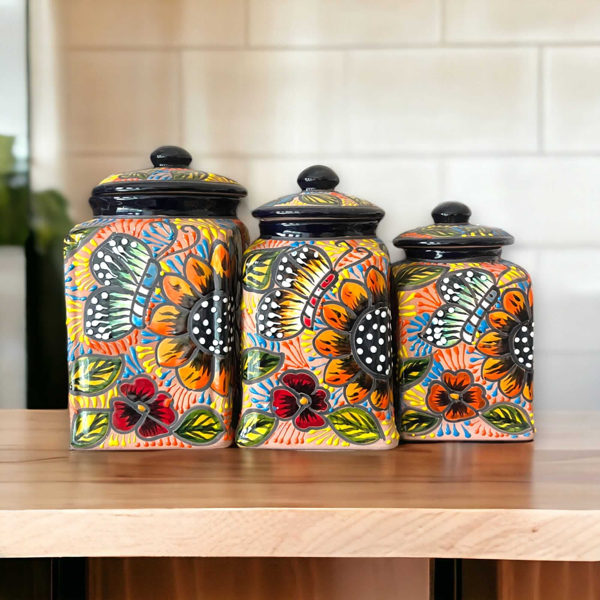 Hand-Painted Mexican Talavera Canister Set | Colorful Terracotta ...