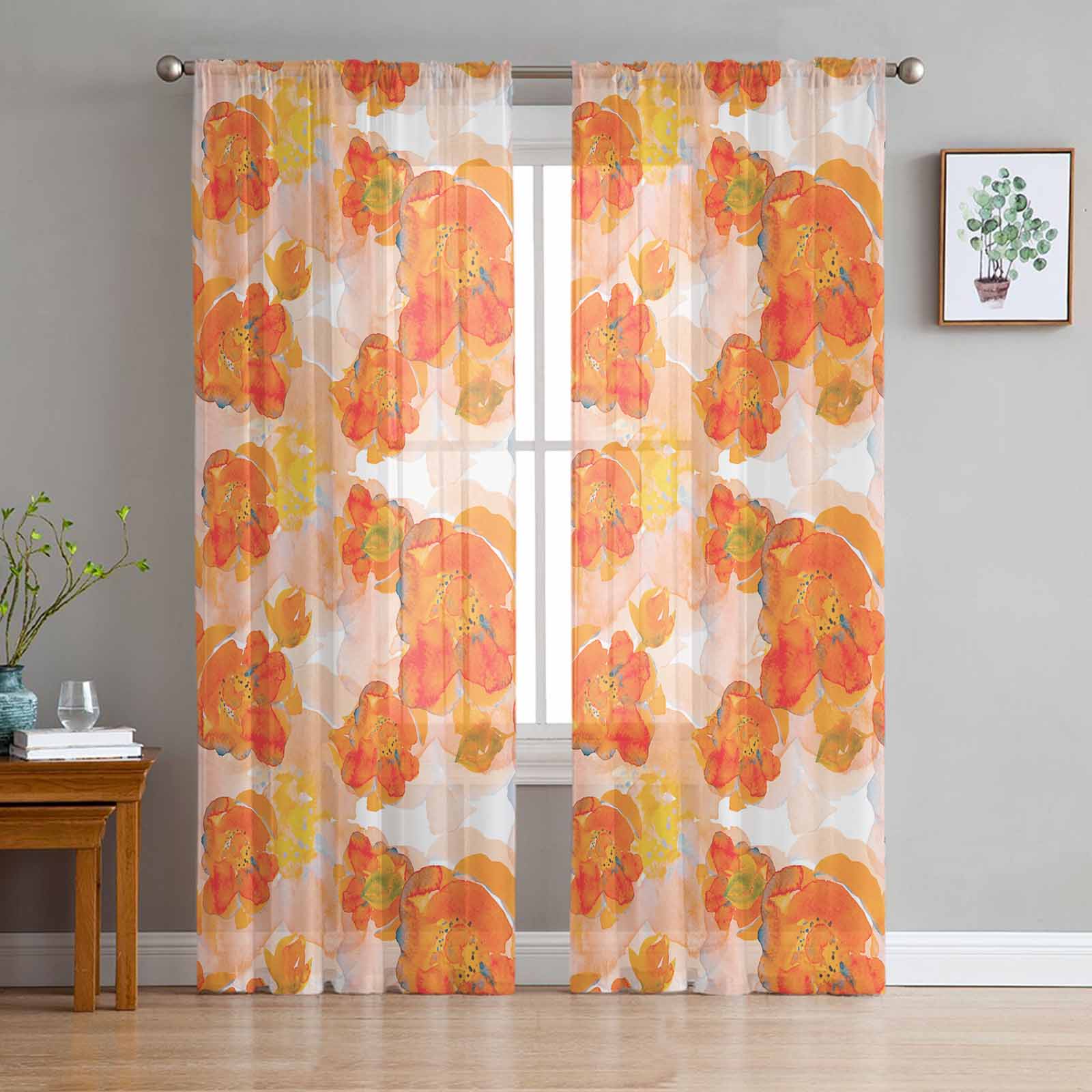 Hand Painted Orange Watercolor Flowers Sheer Curtains for Living Room ...