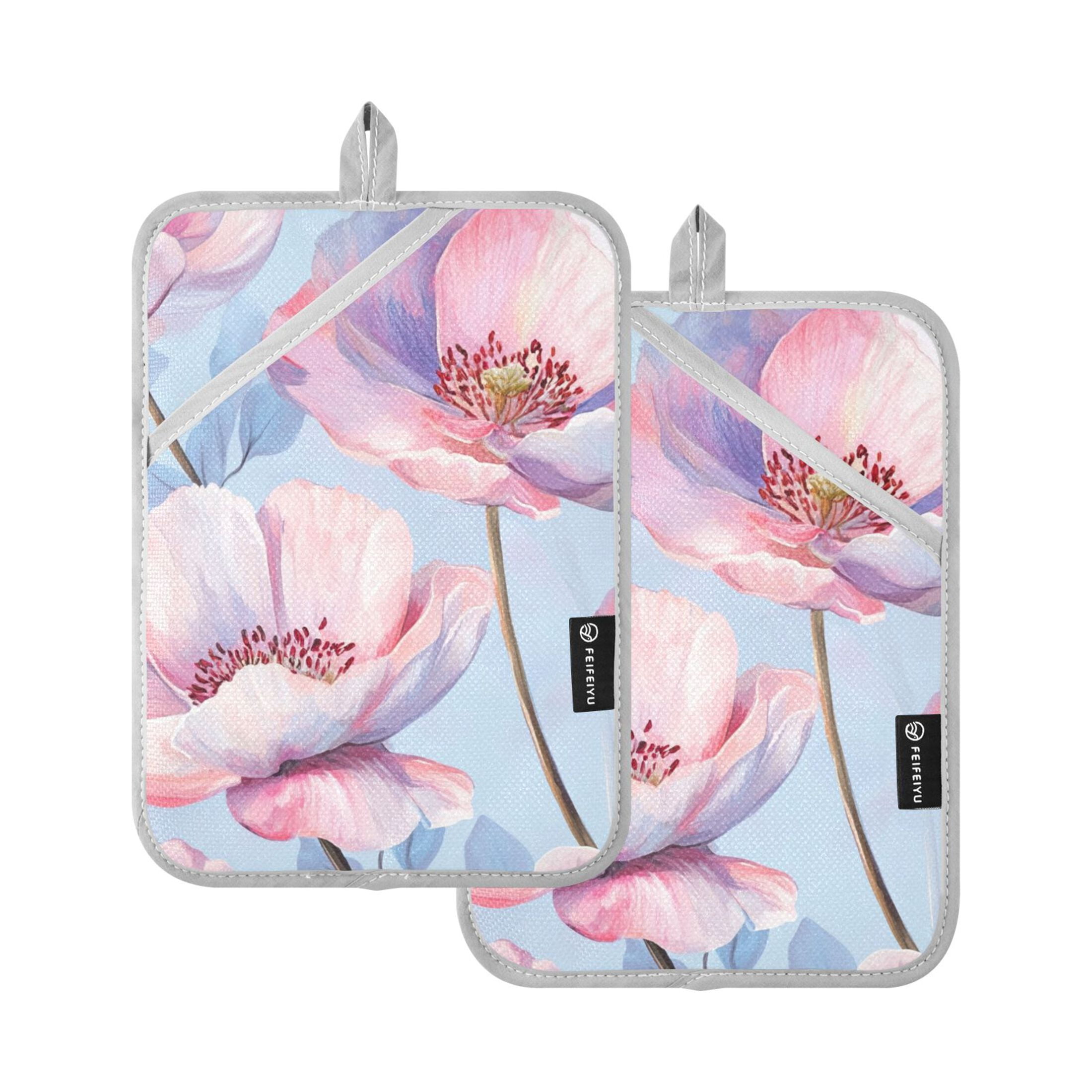 Hand Painted Pink Florals Pot Holder Heat Resistant Mat Oven Hot Pads ...