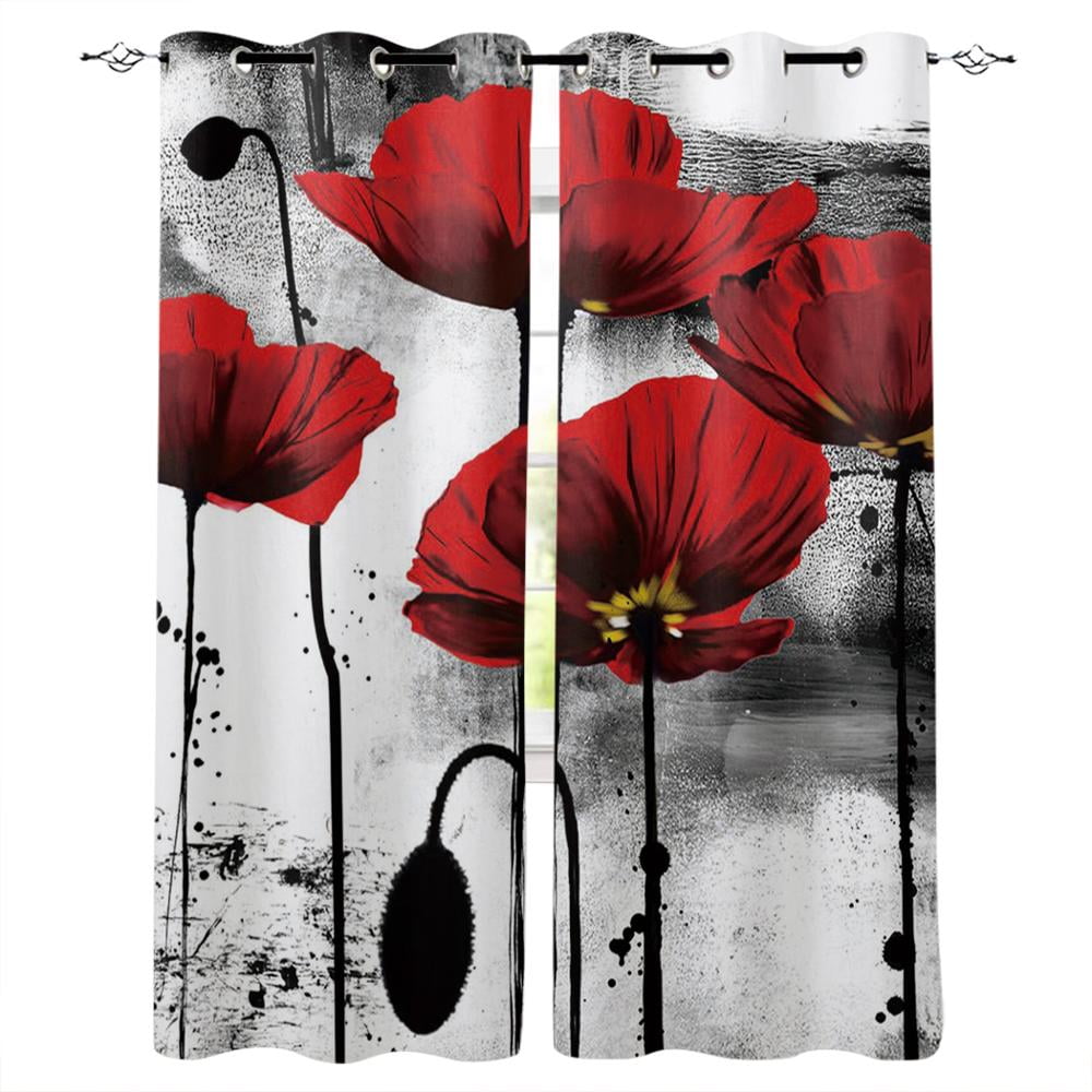 Hand-Painted Poppy Chestnut Flower Window Curtains Living Room Outdoor ...
