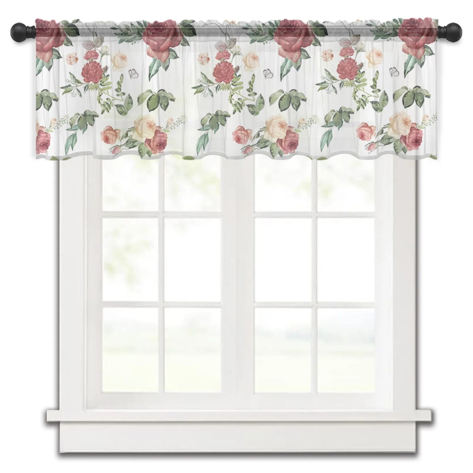Hand-Painted Retro Pink Plants And Flowers Kitchen Curtains Tulle Sheer ...