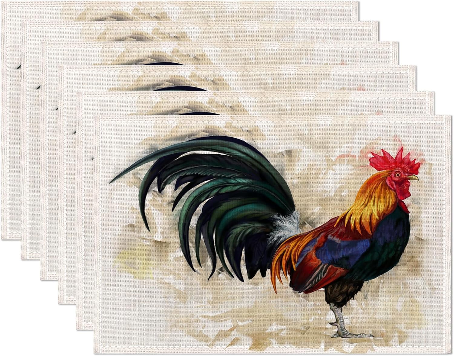Hand-Painted Rooster Art Placemats Set of 6,Waterproof Non-Slip ...