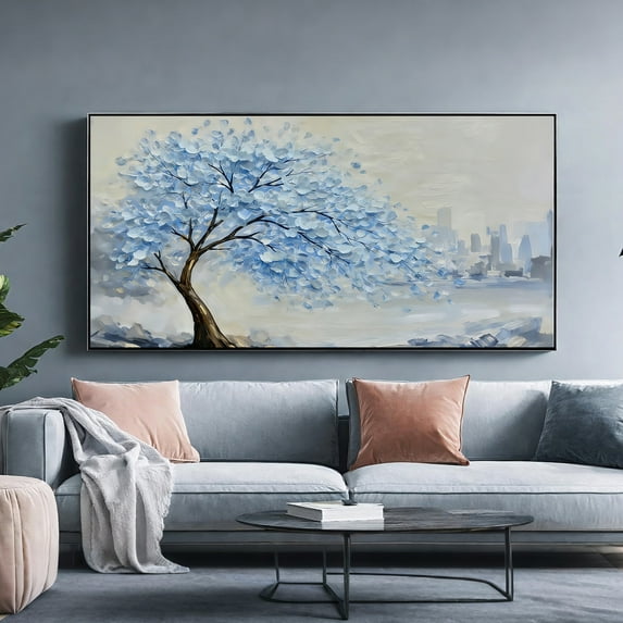 Hand-Painted Tree Life Oil Painting - Abstract Canvas Wall Art, Blue ...