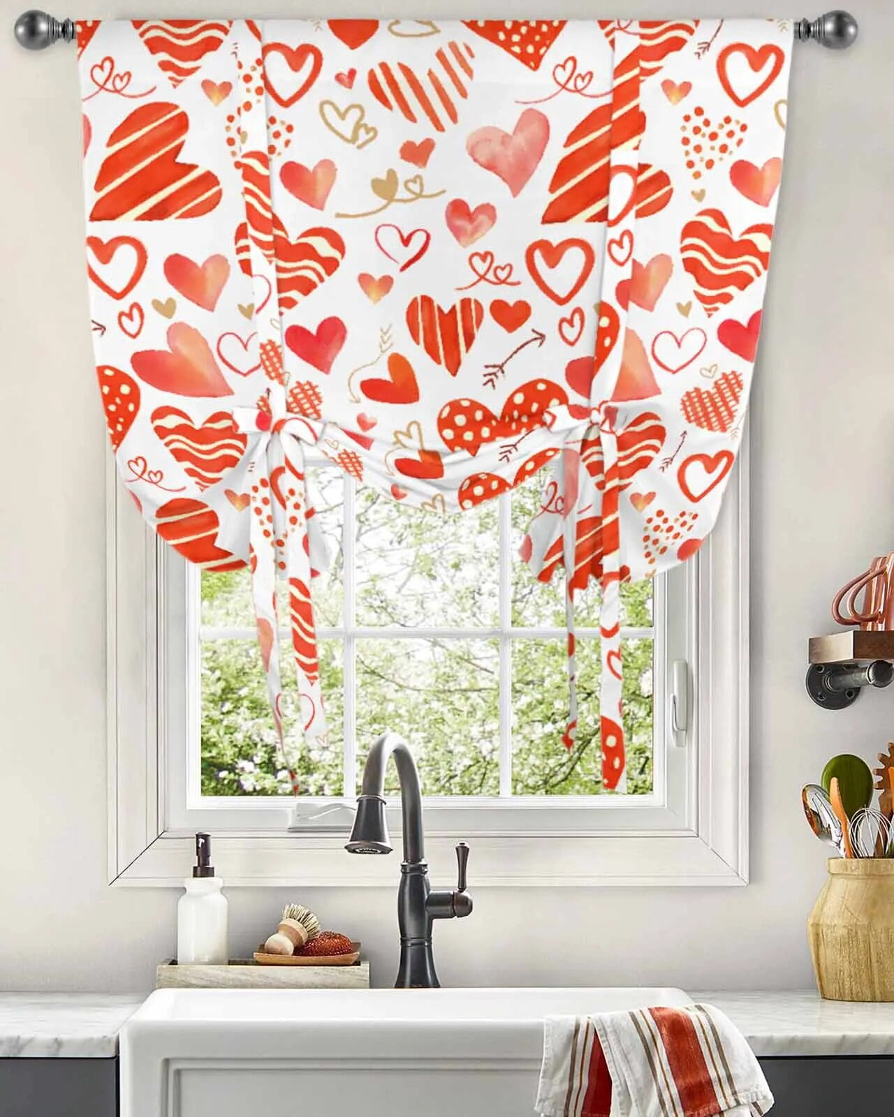 Hand Painted Watercolor Heart Window Curtain for Living Room Adjustable ...